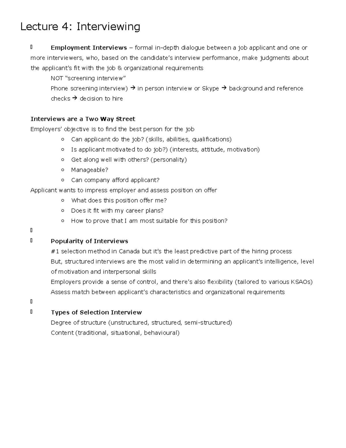 Week 4 - Lecture notes 4 - Lecture 4: Interviewing Employment ...