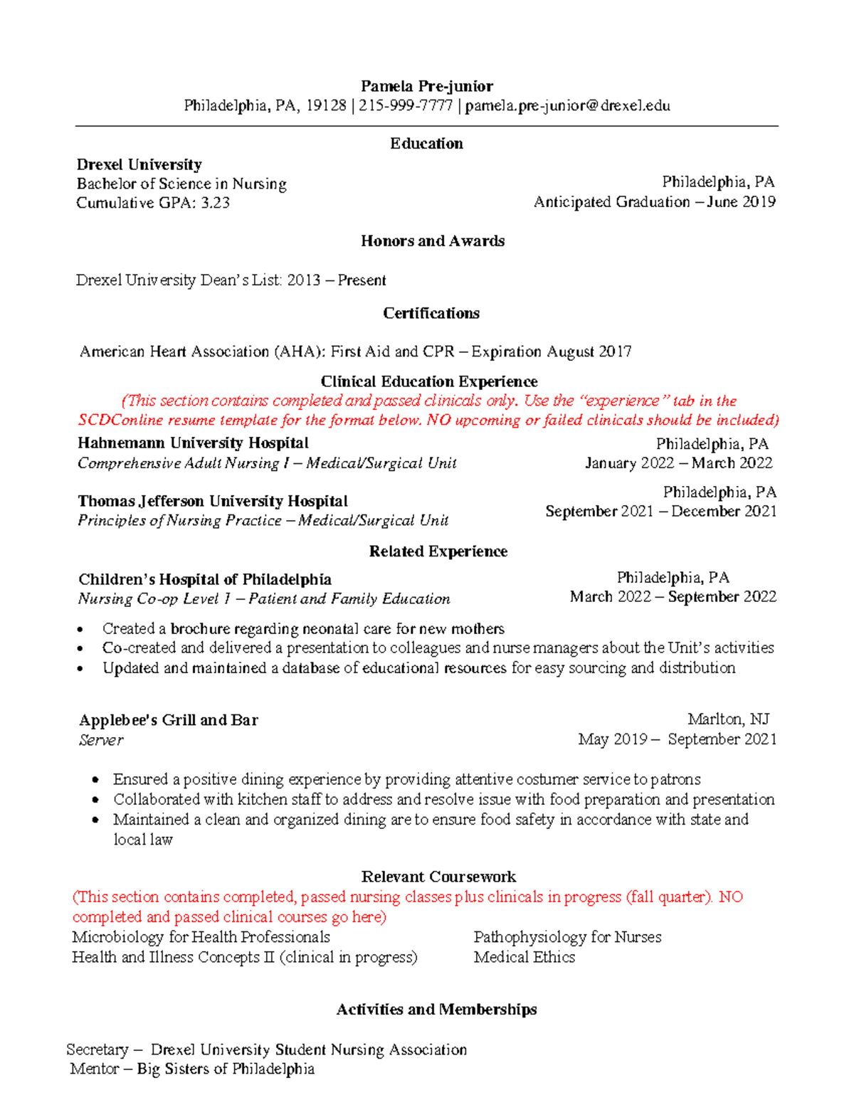 resume Examplee - Pamela Pre-junior Philadelphia, PA, 19128 | 215-999 ...