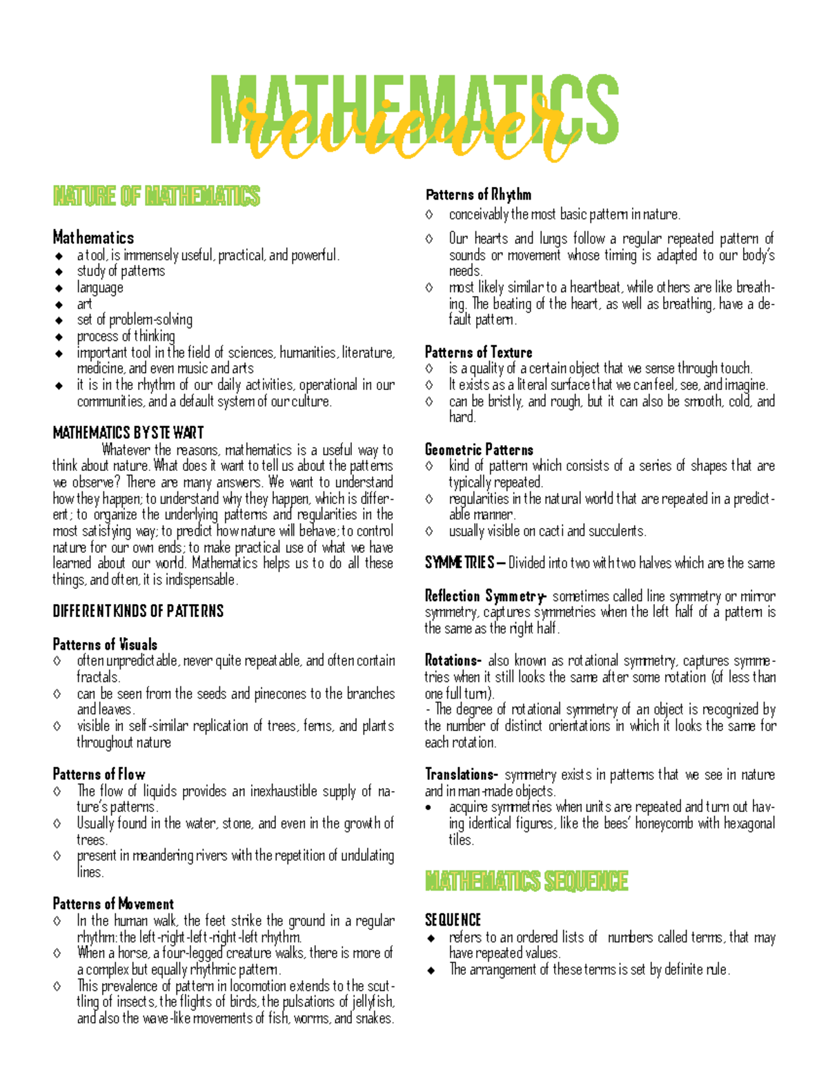 MMW- Reviewer - notes mmw - MATHEMATICS reviewer Mathematics a tool, is ...