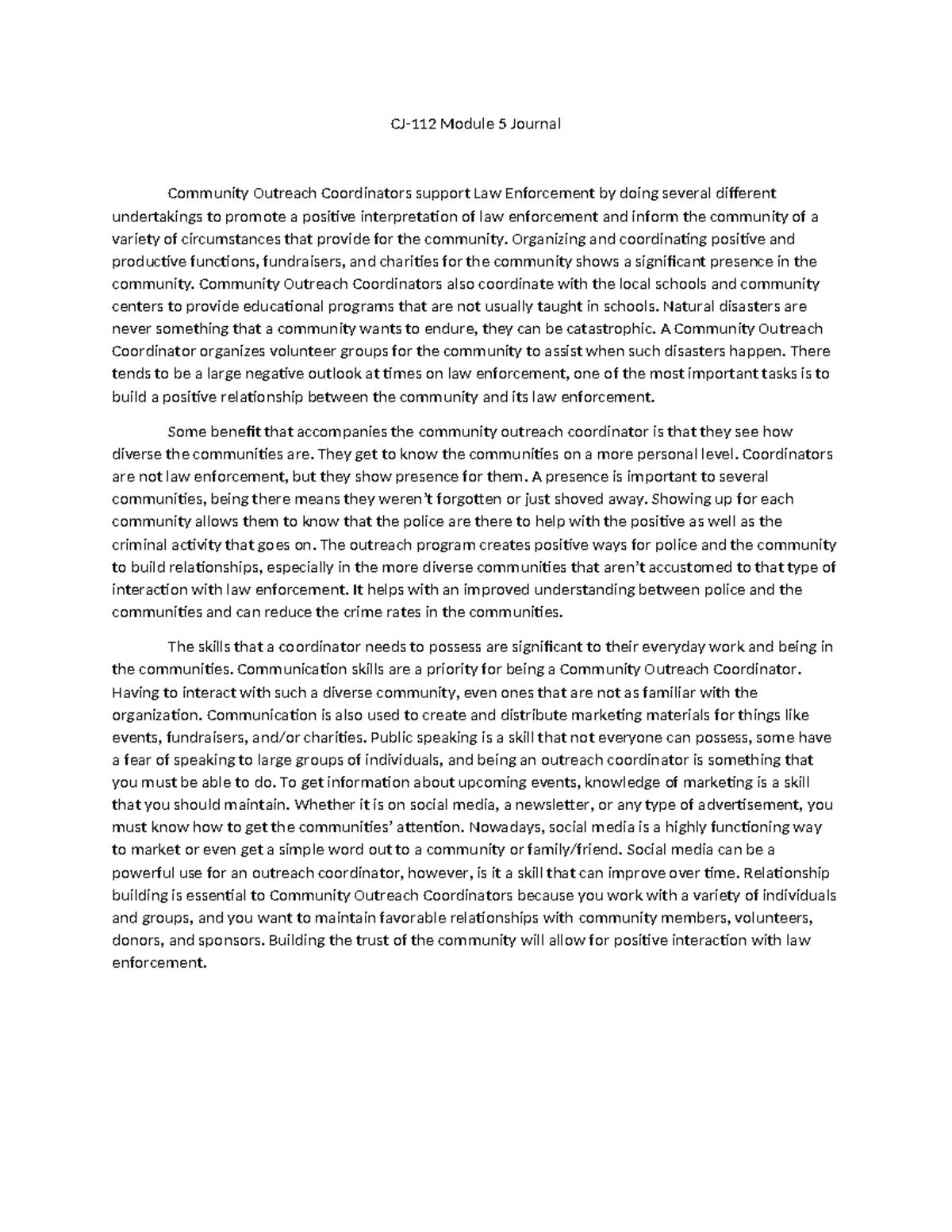 CJ-112 Module 5 Journal - CJ-112 Module 5 Journal Community Outreach ...