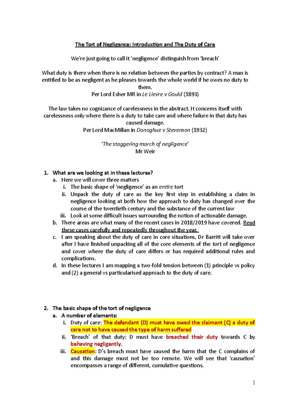 Introduction to Negligence Student Handout - The Tort of Negligence ...