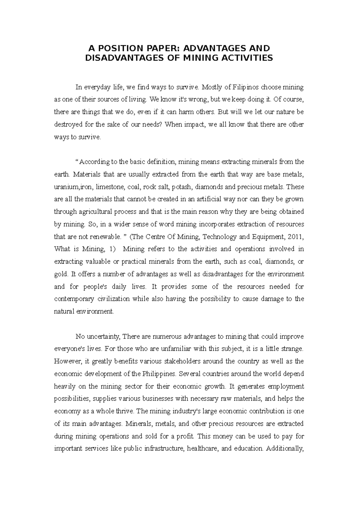 Position paper - hope it will help - A POSITION PAPER: ADVANTAGES AND ...