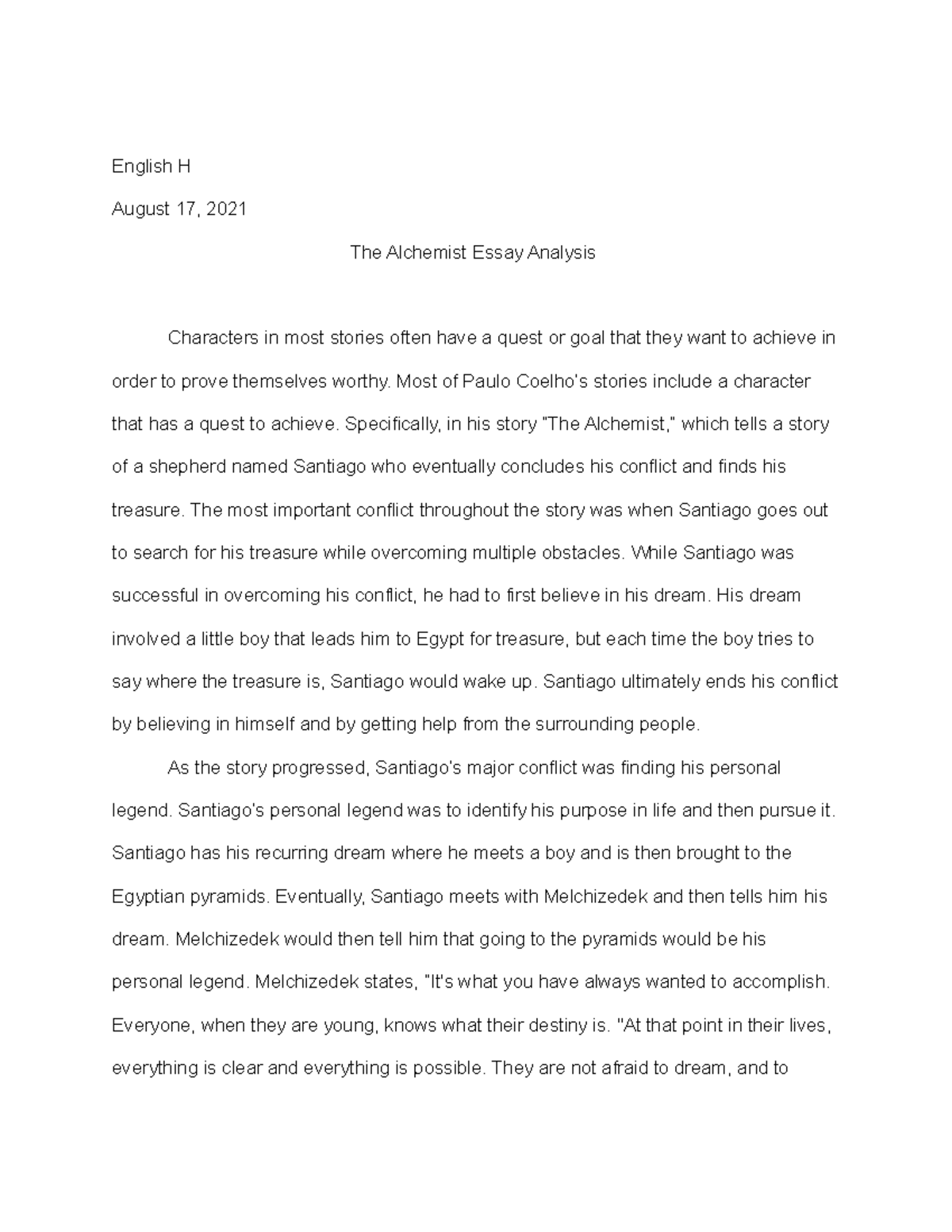 The Alchemist Essay - English H August 17, 2021 The Alchemist Essay ...