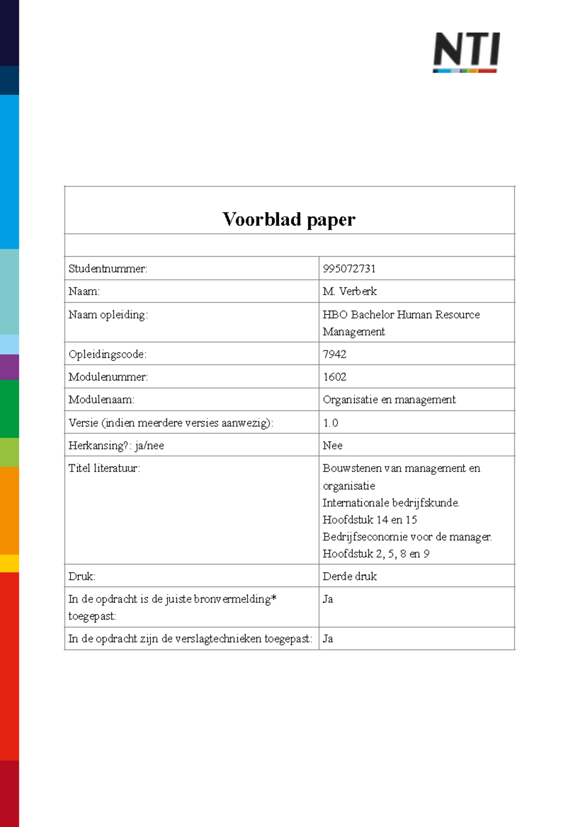 Organisatie- en omgevingsrapport - Voorblad paper Studentnummer ...