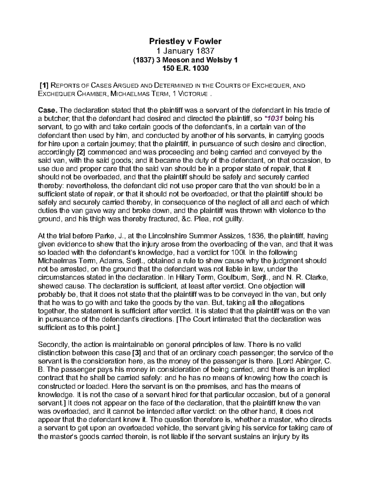 COHS208 Module 3 - Priestly-Fowler - Priestley v Fowler 1 January 1837 ...