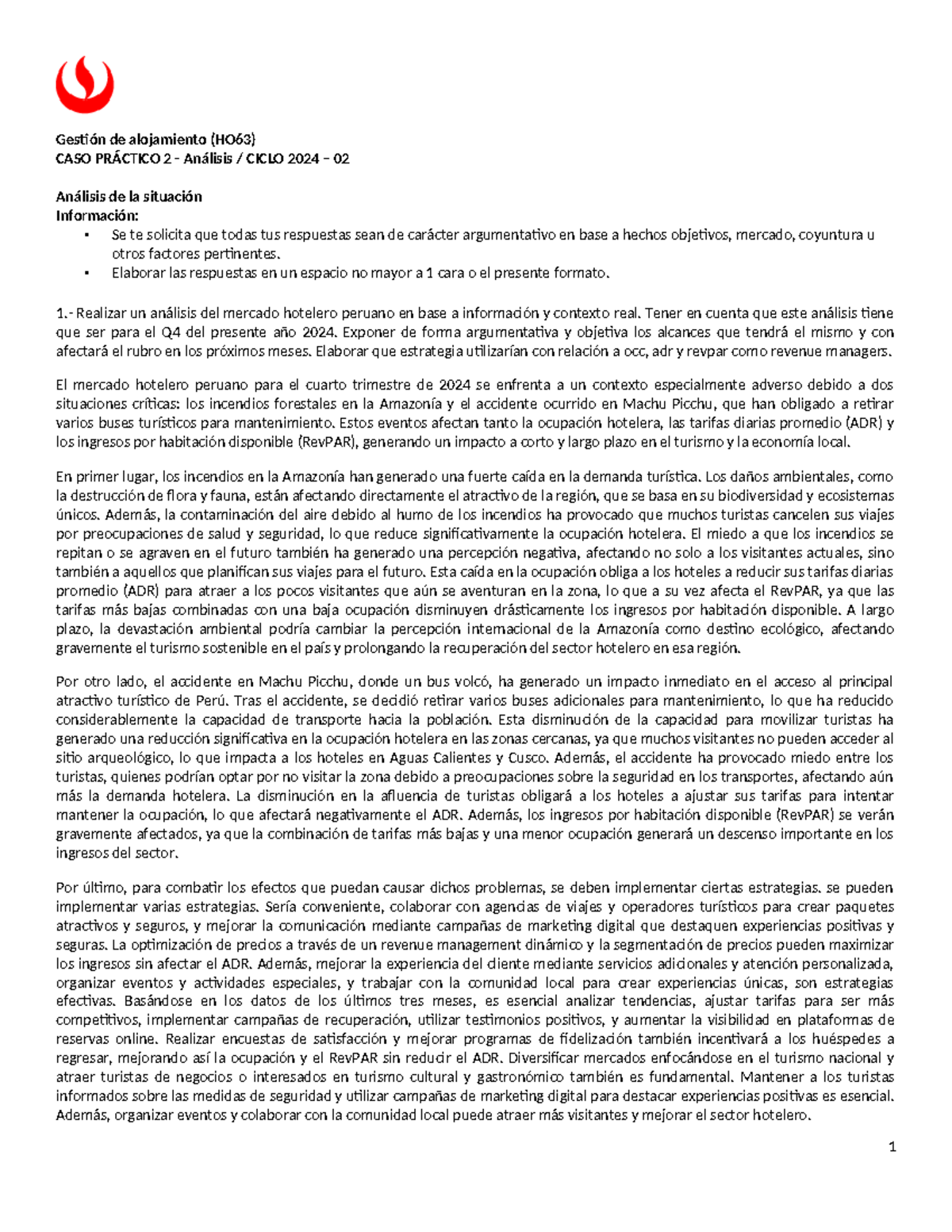 CASO PRÃ Ctico 2 - An Ã¡lisis mercado hotelero peruano 2024-2 - Gestión de alojamiento (HO63 ...