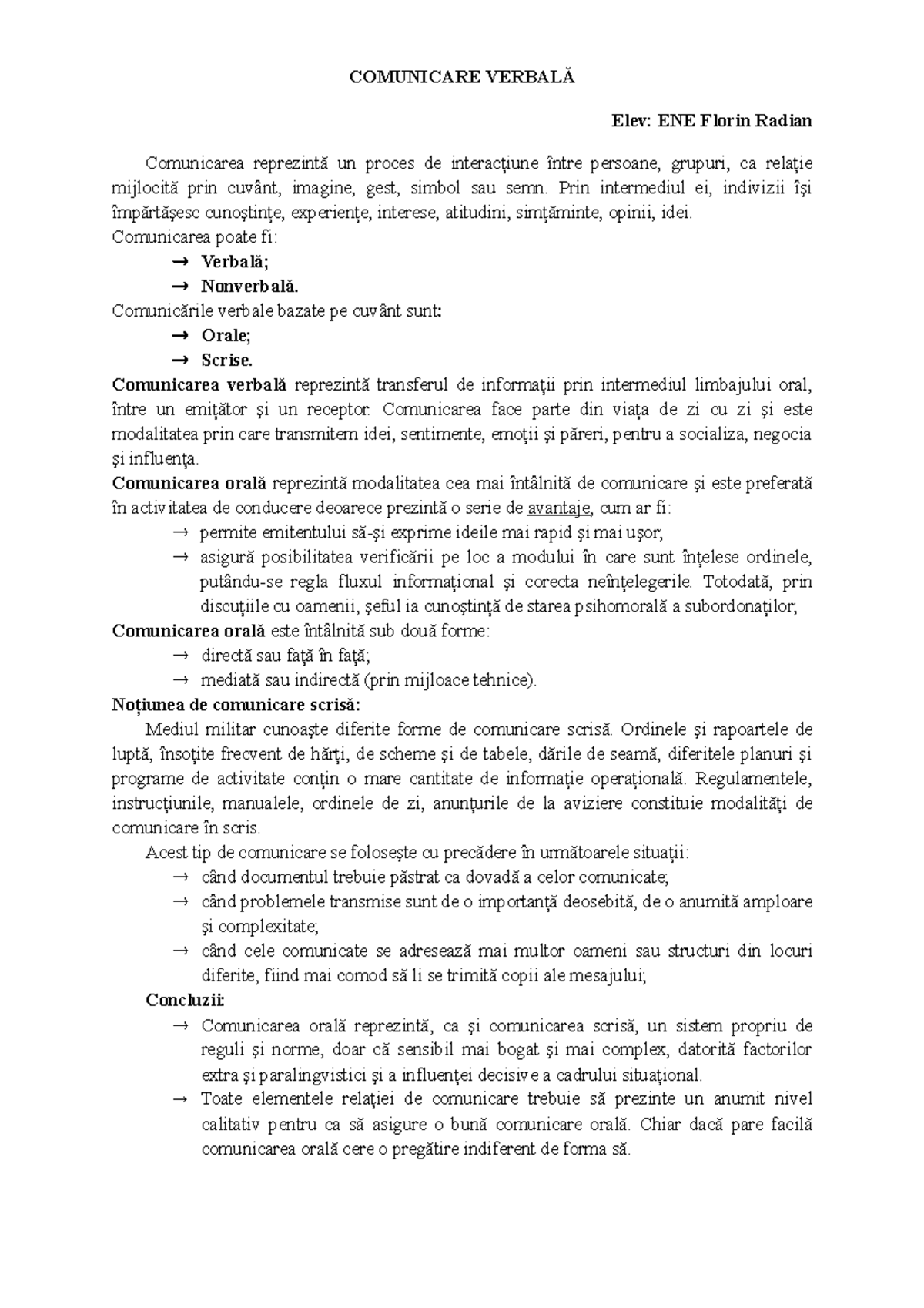 Comunicare Verbala - Note de curs 4 - COMUNICARE VERBALĂ Elev: ENE ...