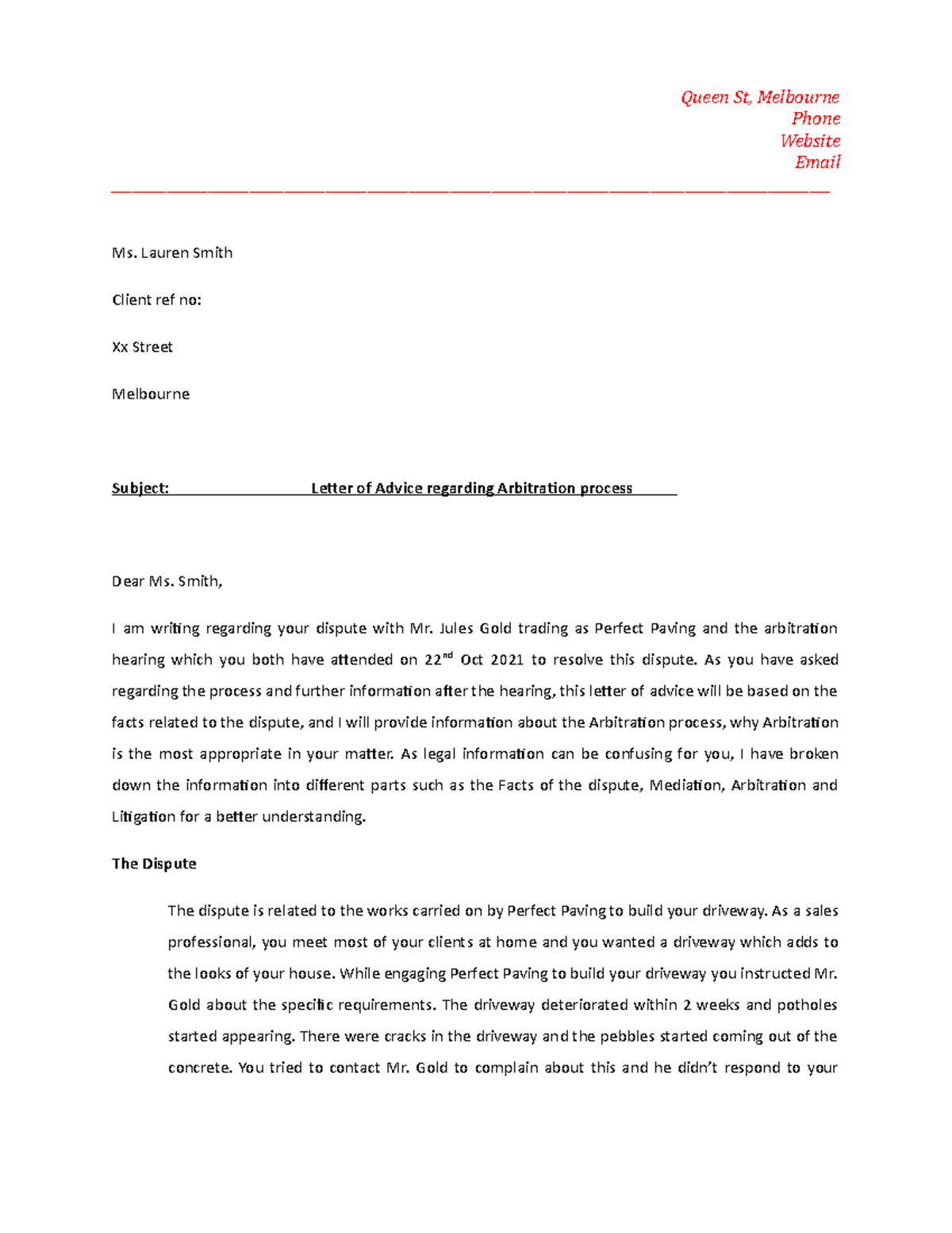 ADR Advice letter assessment 1 - Queen St, Melbourne Phone Website ...