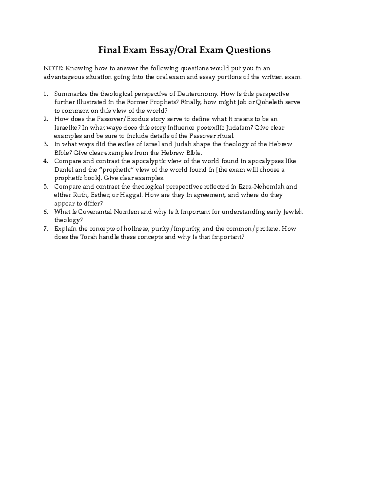 Final Essay Oral Exam Questions - Intro to OT - Final Exam Essay/Oral ...