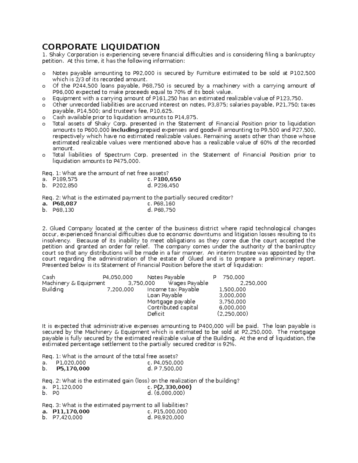 Corporate-Liquidation - CORPORATE LIQUIDATION Shaky Corporation is ...