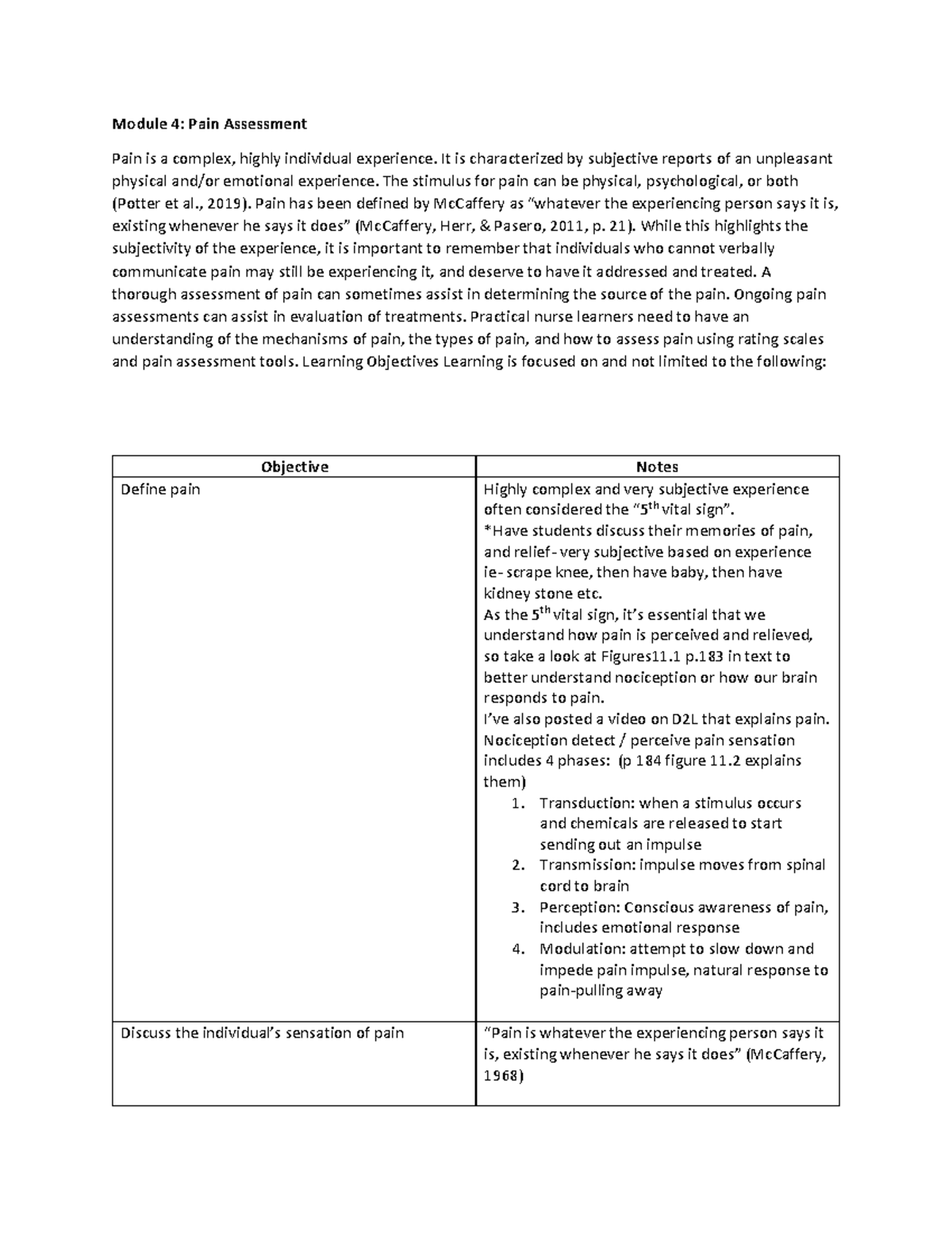 Module 4 Pain STudent Notes - Module 4: Pain Assessment Pain is a ...
