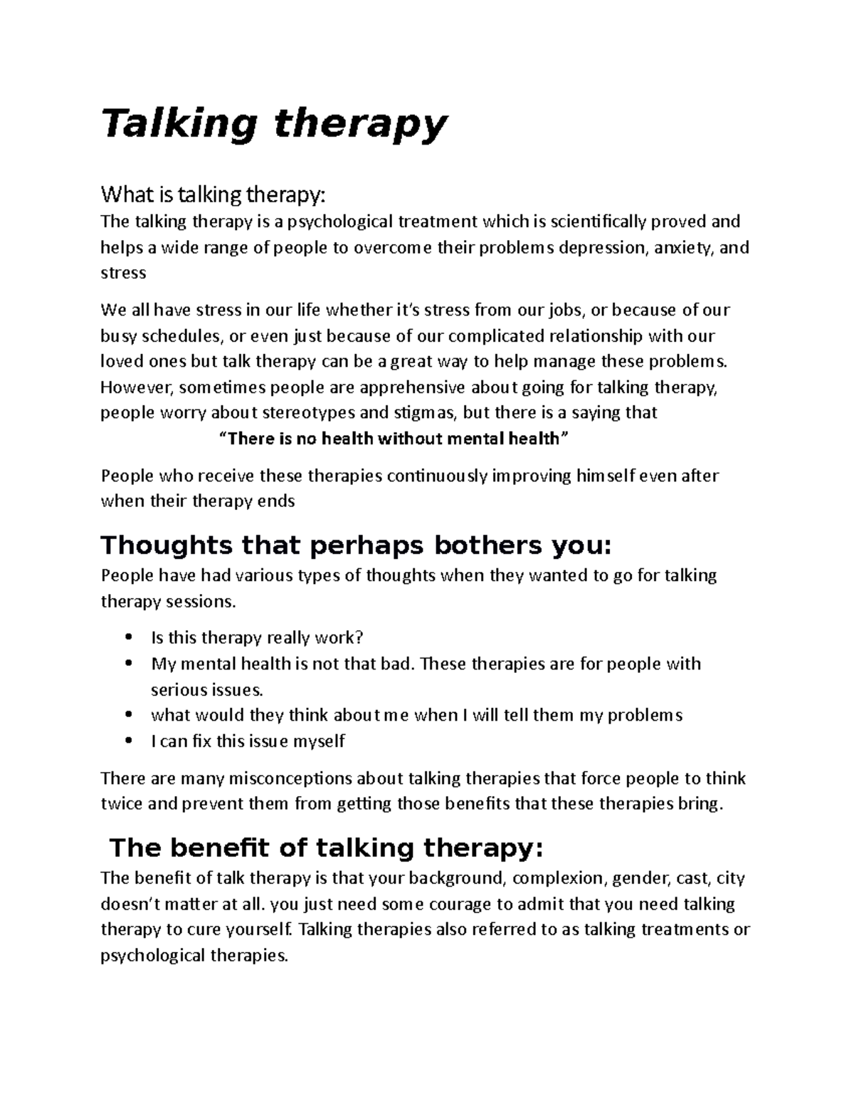 Talking therapy - Lecture notes 2 - Talking therapy What is talking ...