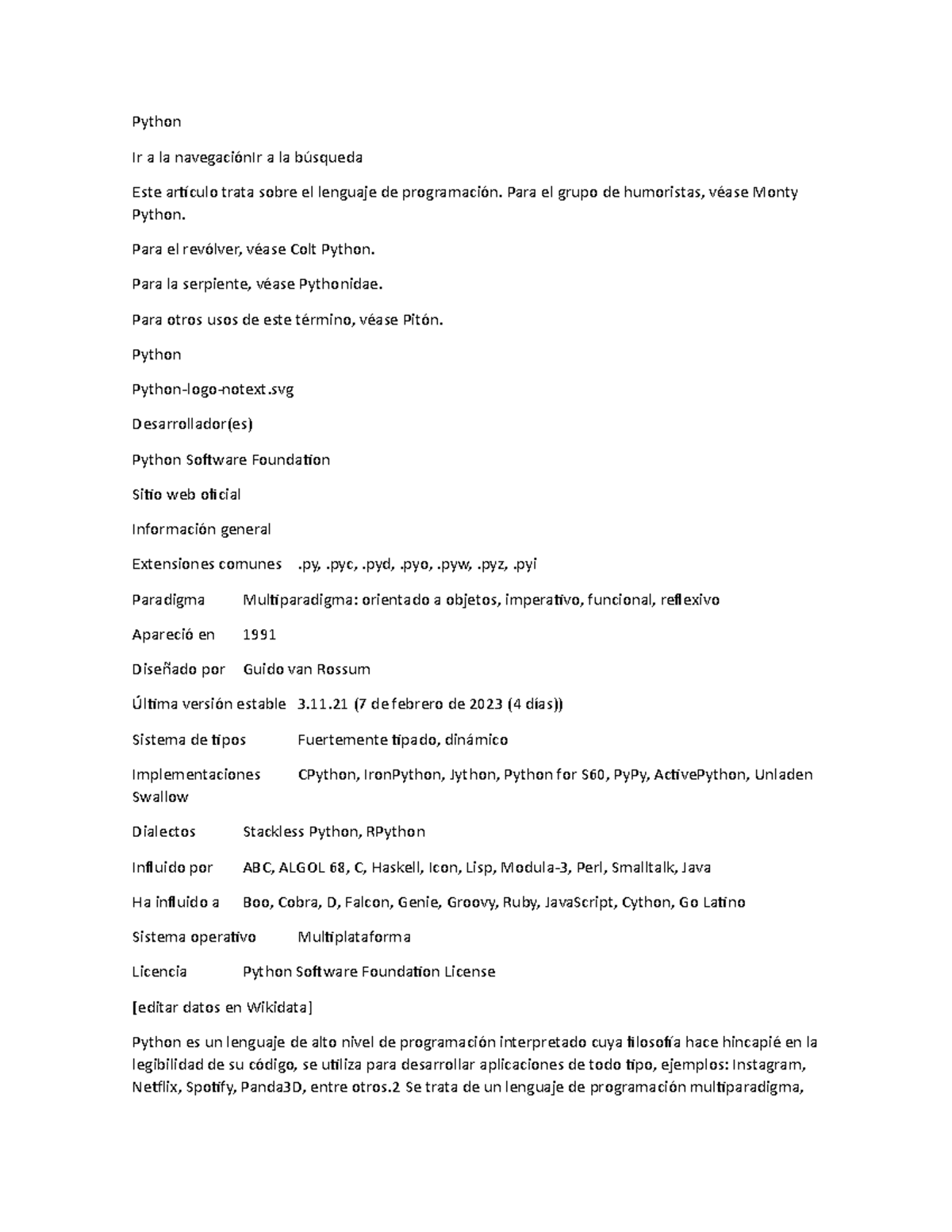 Python - lenguaje de programacion - Python Ir a la navegaciónIr a la búsqueda Este artículo ...