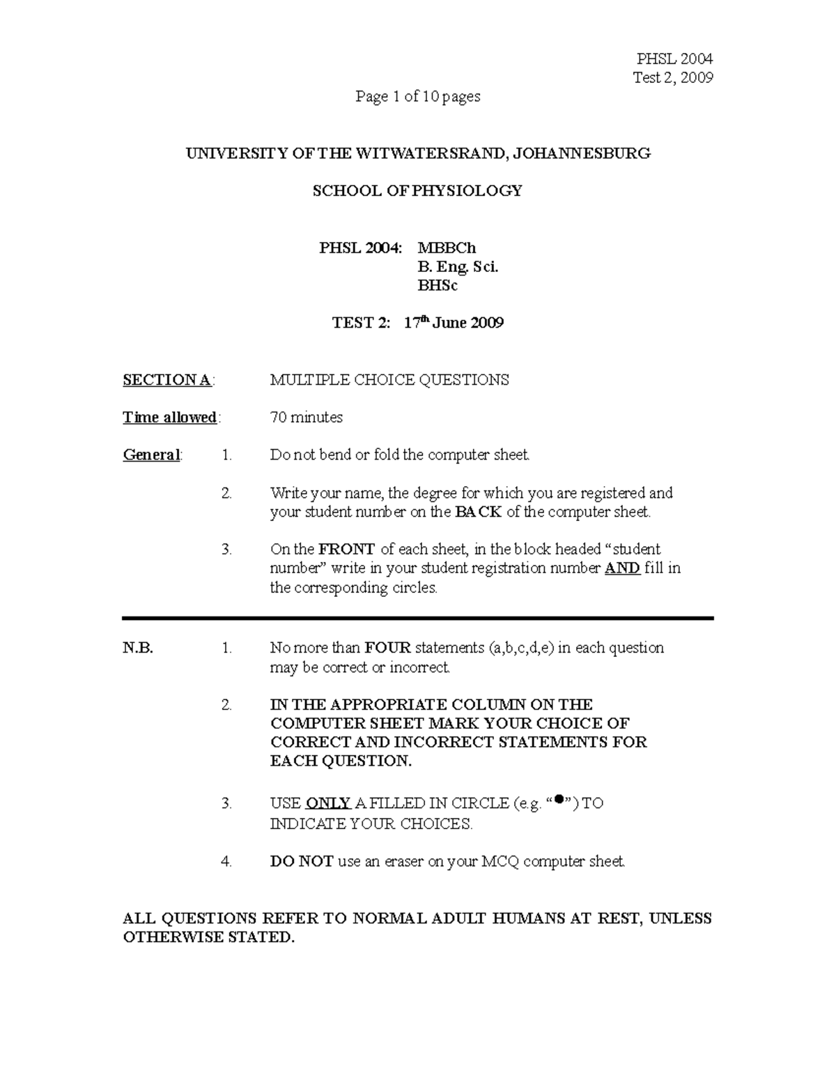 2009 Test 2 MCQs Model Answers[ 13439 ] - Test 2, 2009 Page 1 of 10 ...