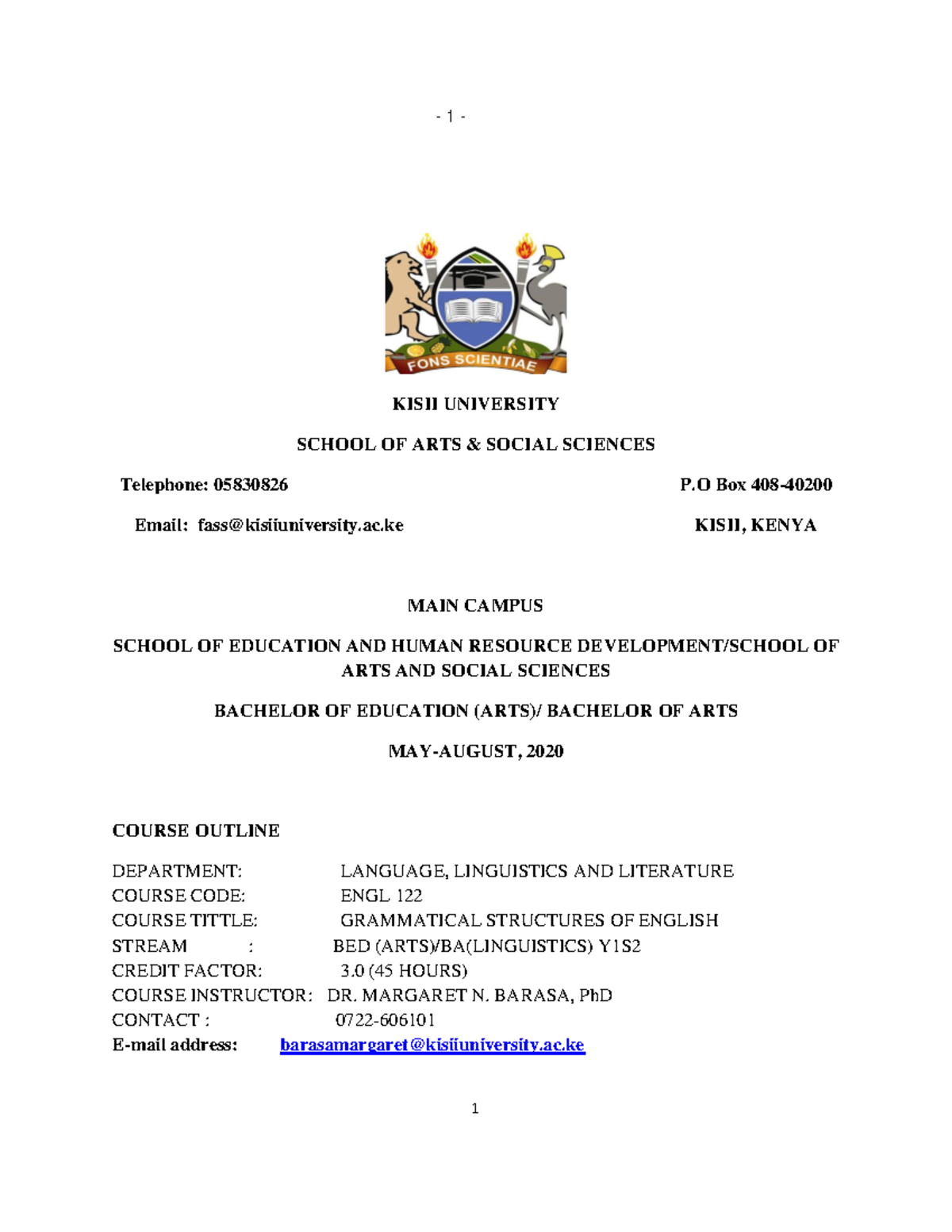 ENGL 122 Grammatical Structures OF English Course Outline - KISII ...