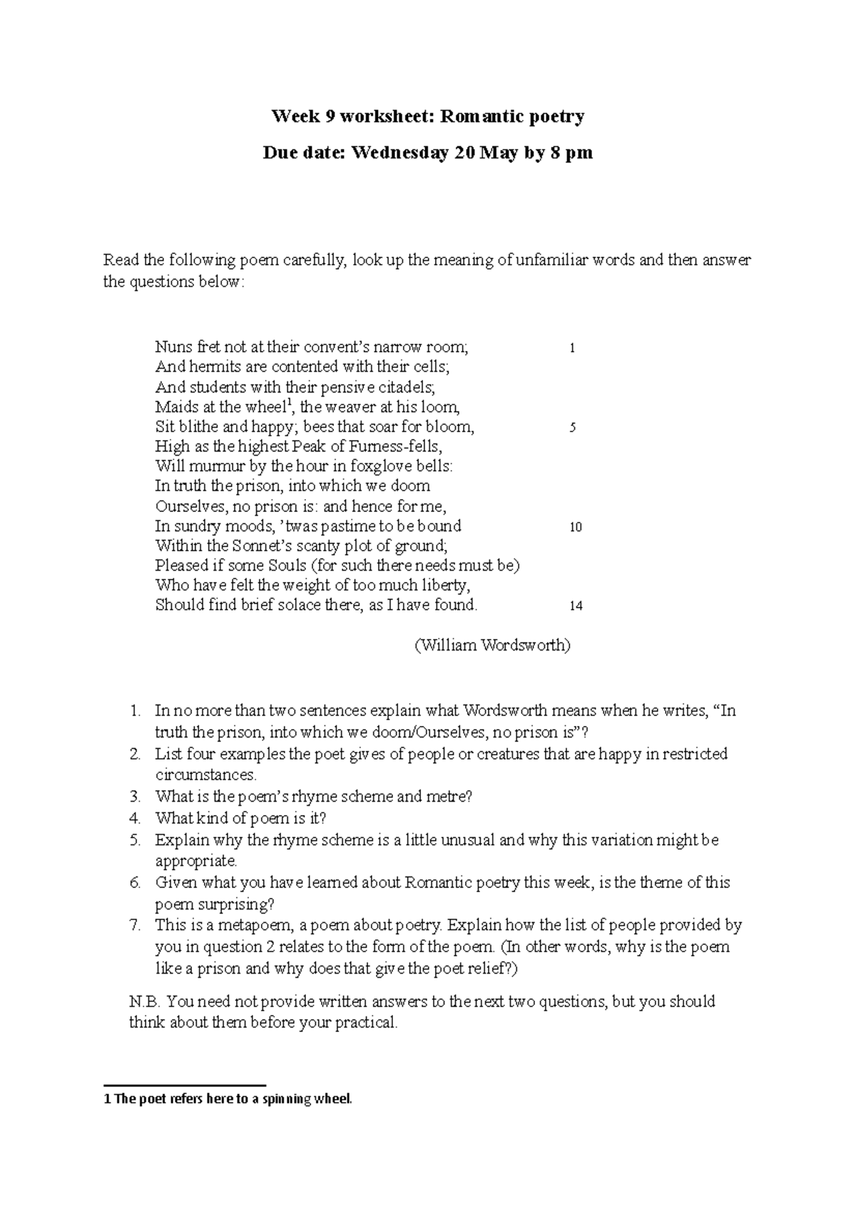 Week 9 Romantic poetry worksheet - ENG 110 - UP - Studocu