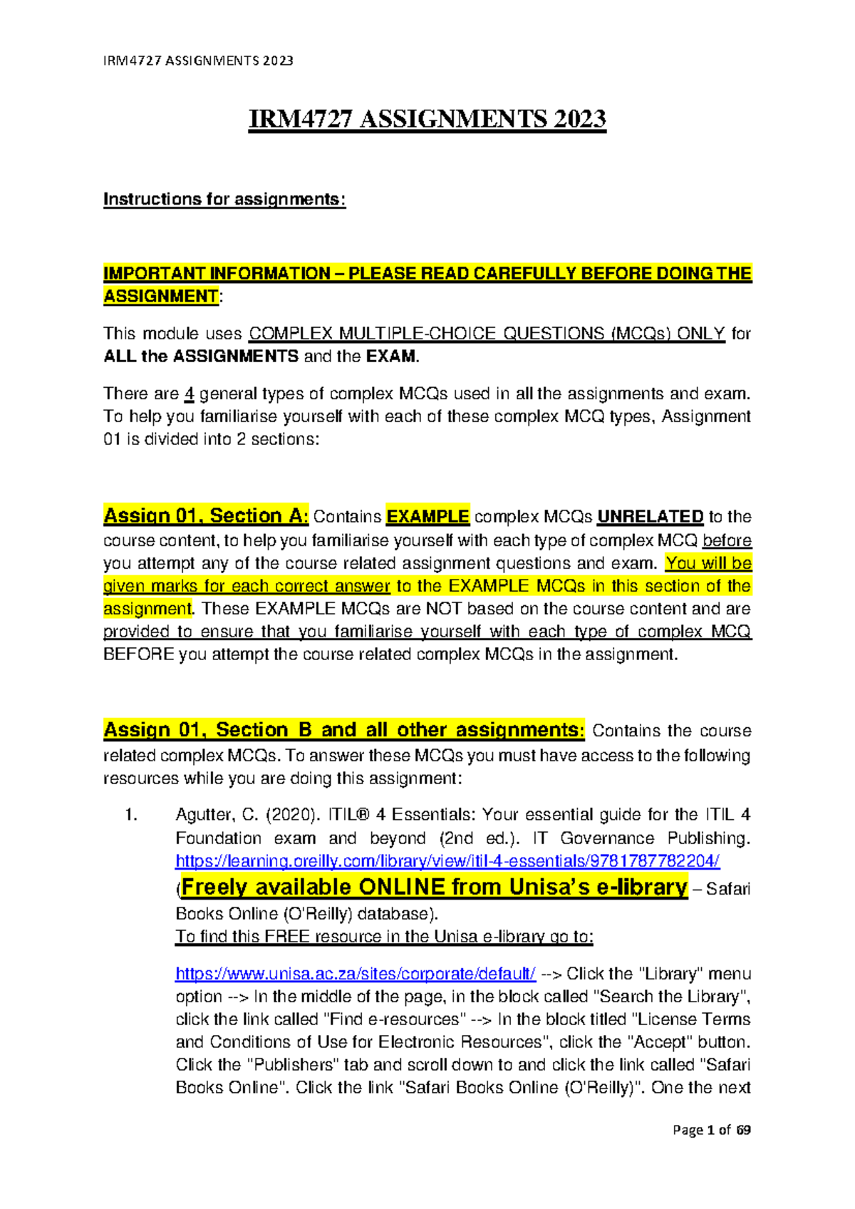 IRM4727 Assignment 01 memo 2023 20230524 - IRM4727 ASSIGNMENTS 202 3 Instructions for ...