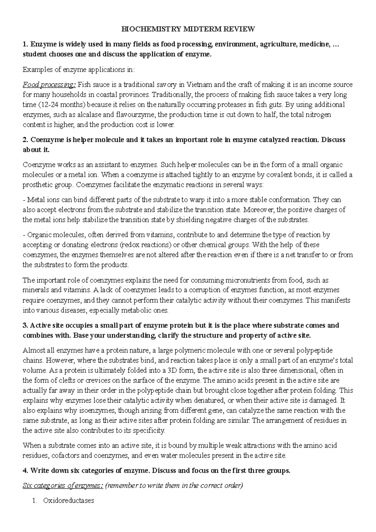 Biochemistry- Midterm- Review - BIOCHEMISTRY MIDTERM REVIEW Enzyme is ...