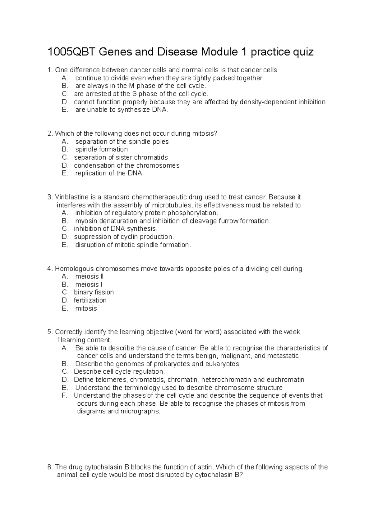 1005QBT Genes and Disease Module 1 practice quiz - continue to divide ...