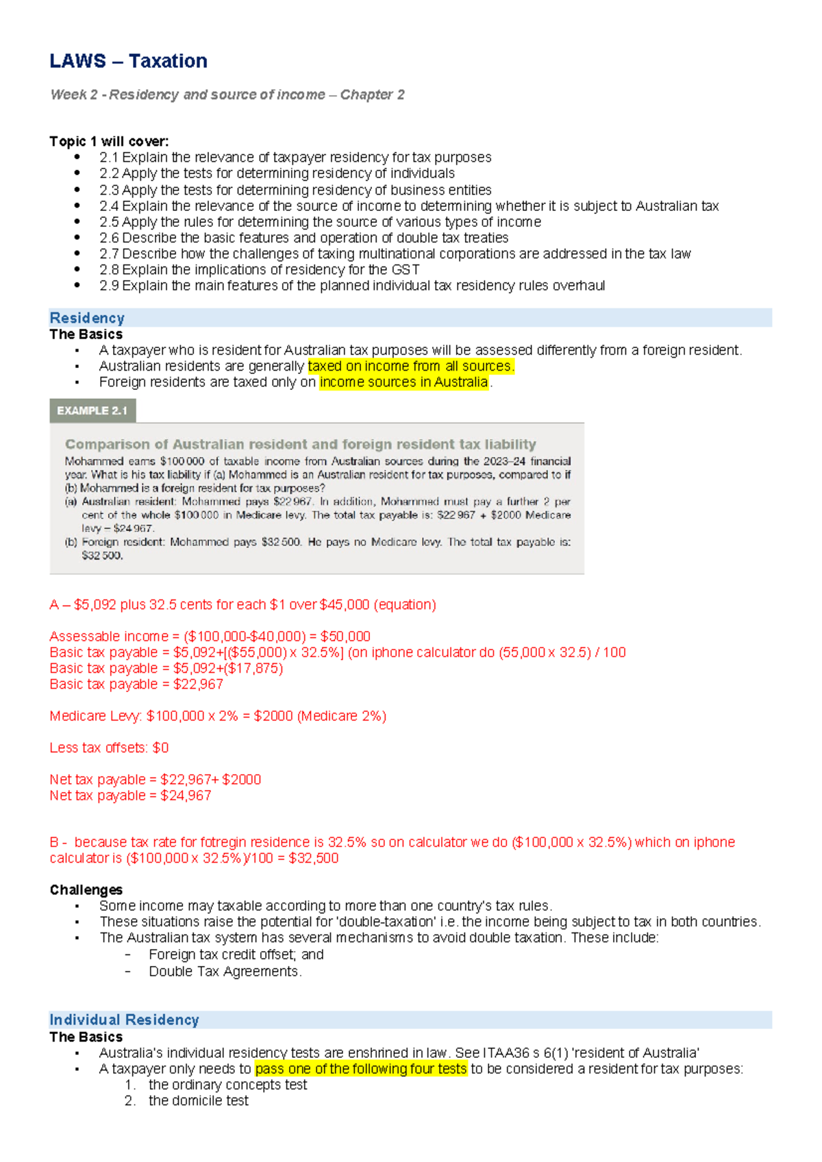 Week 2 - Residency and source of Income - • Australian residents are ...