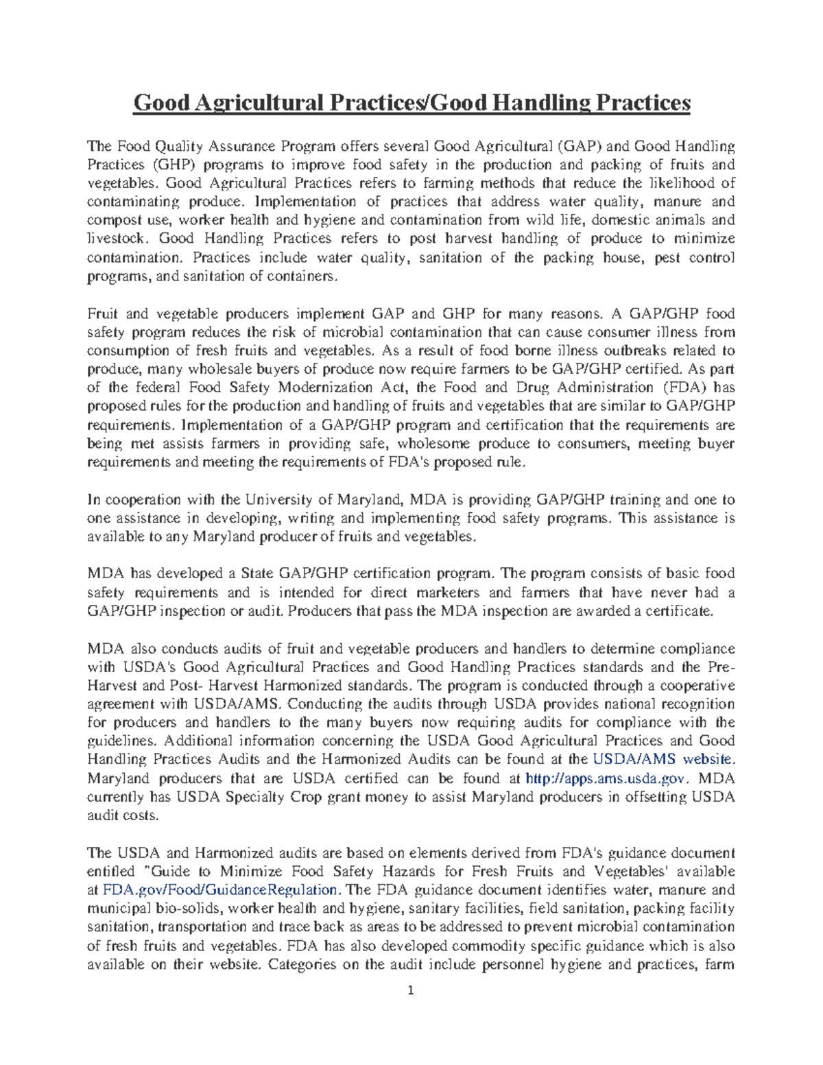 GAP - 1 Good Agricultural Practices/Good Handling Practices The Food ...