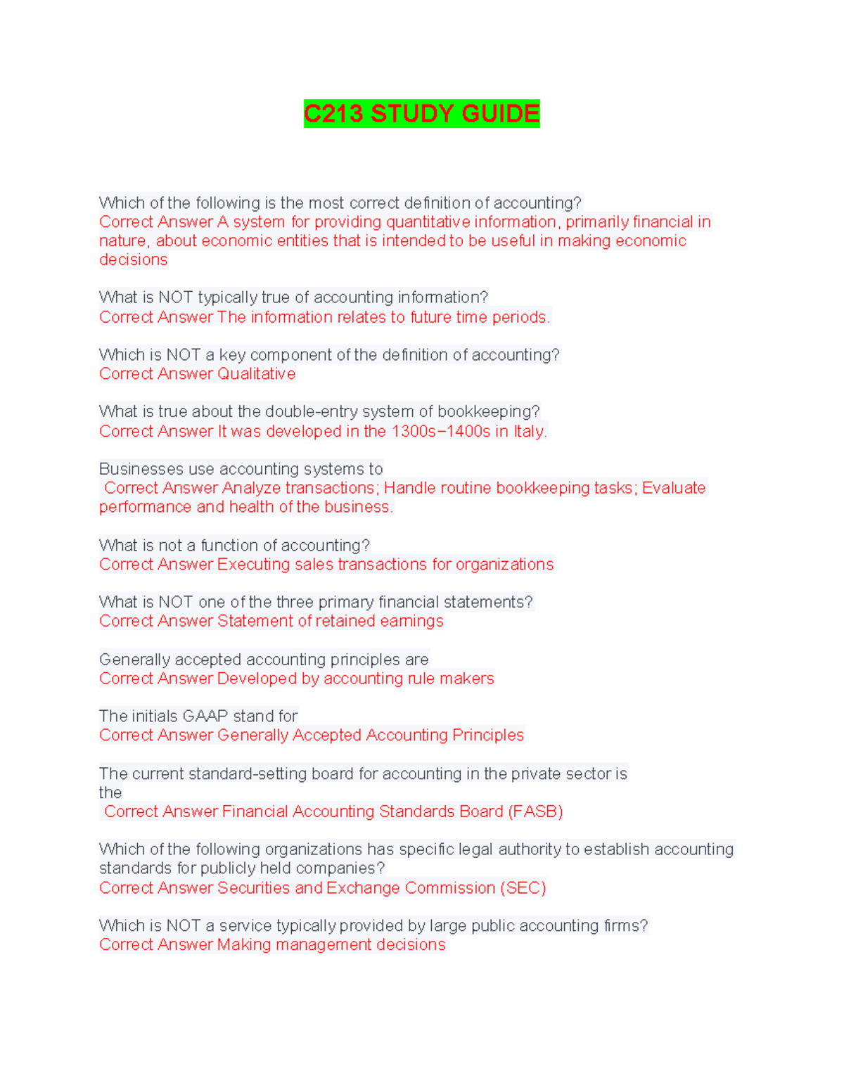 C213-p1 - looks good - C213 STUDY GUIDE Which of the following is the ...