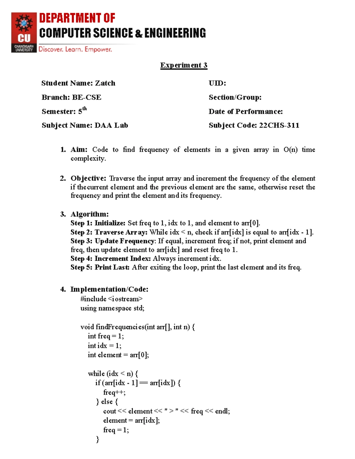 DAA 4 - DAA practicals 5th sem - COMPUTER SCIENCE & ENGINEERING Experiment 3 Student Name: Zatch ...