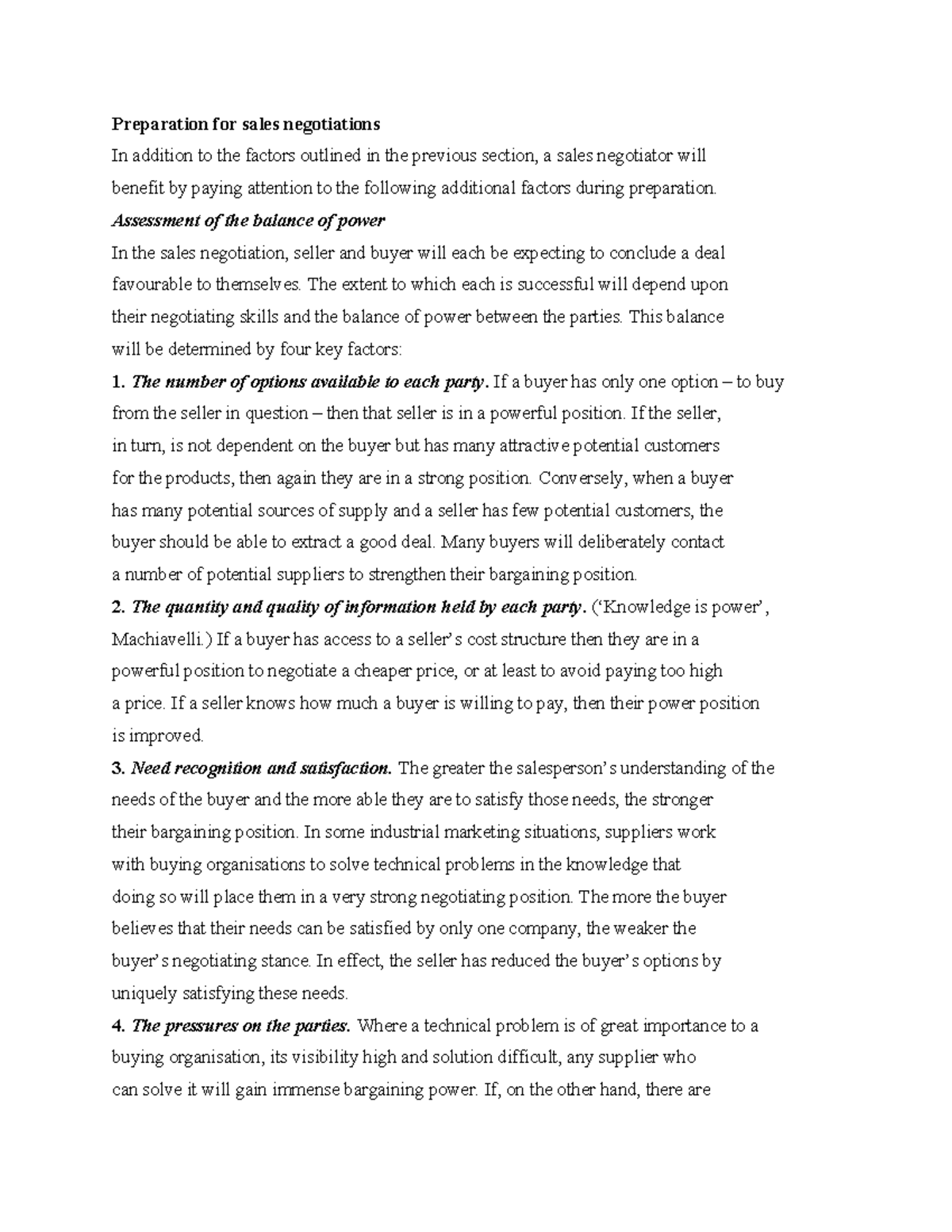 Preparation for sales negotiations - Assessment of the balance of power ...