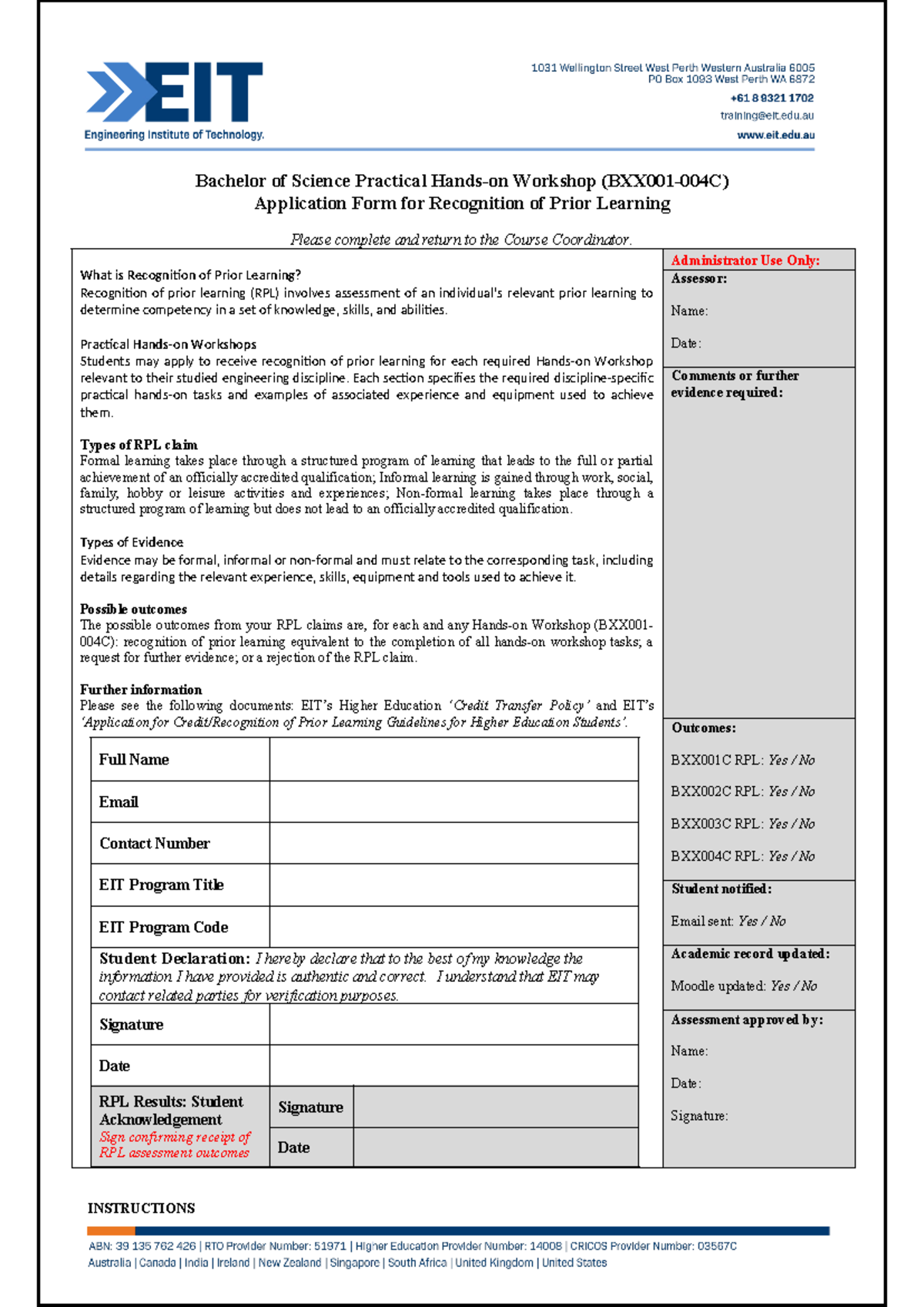 EIT Bachelors Practical Hands-on Workshop RPL Application Form V5 ...