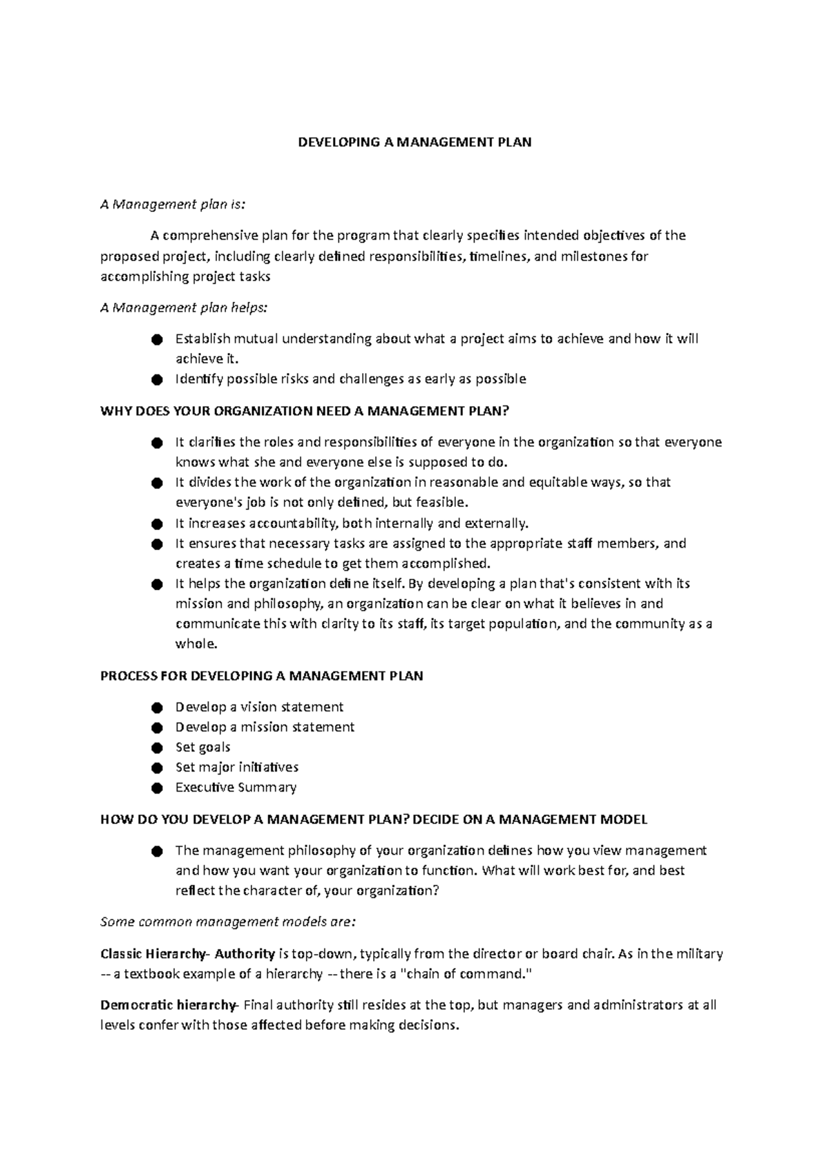 Handouts - Lecture notes 1 - DEVELOPING A MANAGEMENT PLAN A Management ...