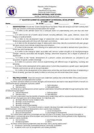 1st Quarterly Exam in Per Dev - Republic of the Philippines Region XI ...