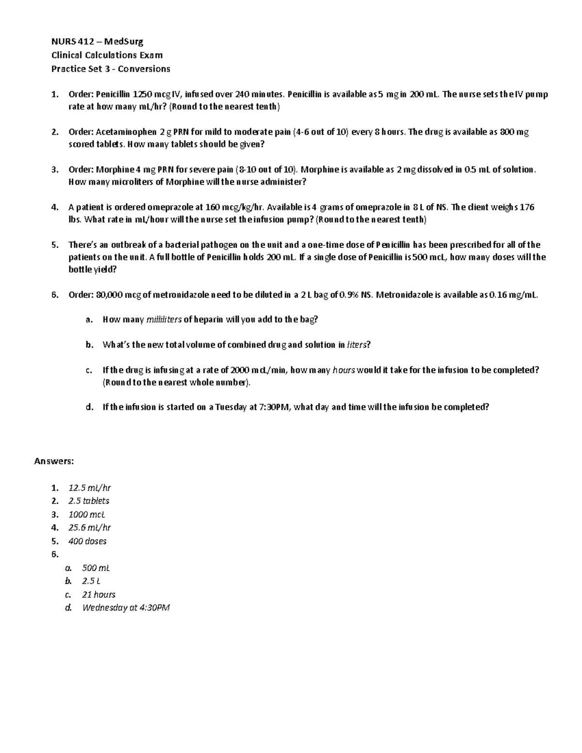 Clinical Calculations Practice Set 3 - Metric Conversions - NURS 412 ...