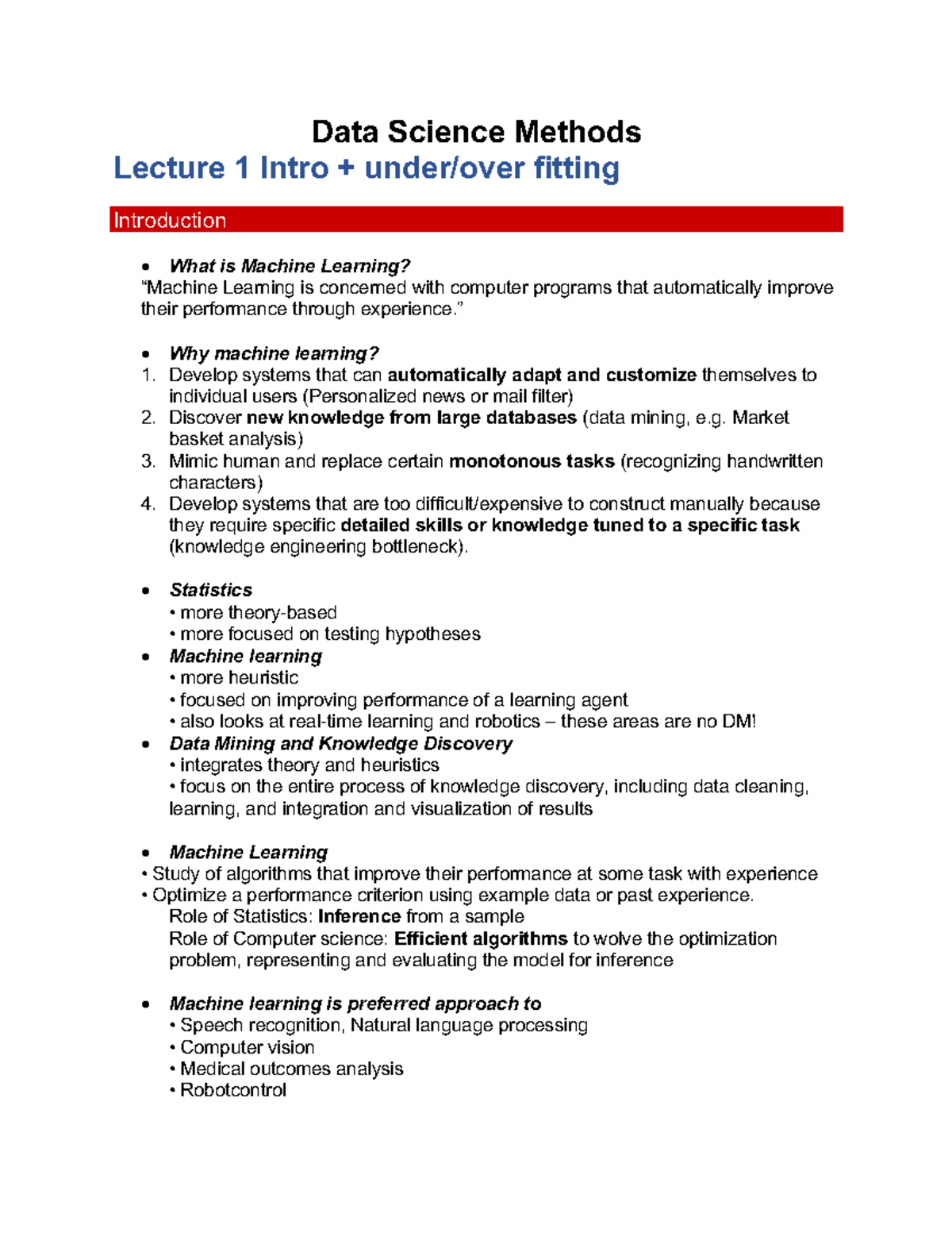 Data Science Methods summary - Data Science Methods Lecture 1 Intro ...