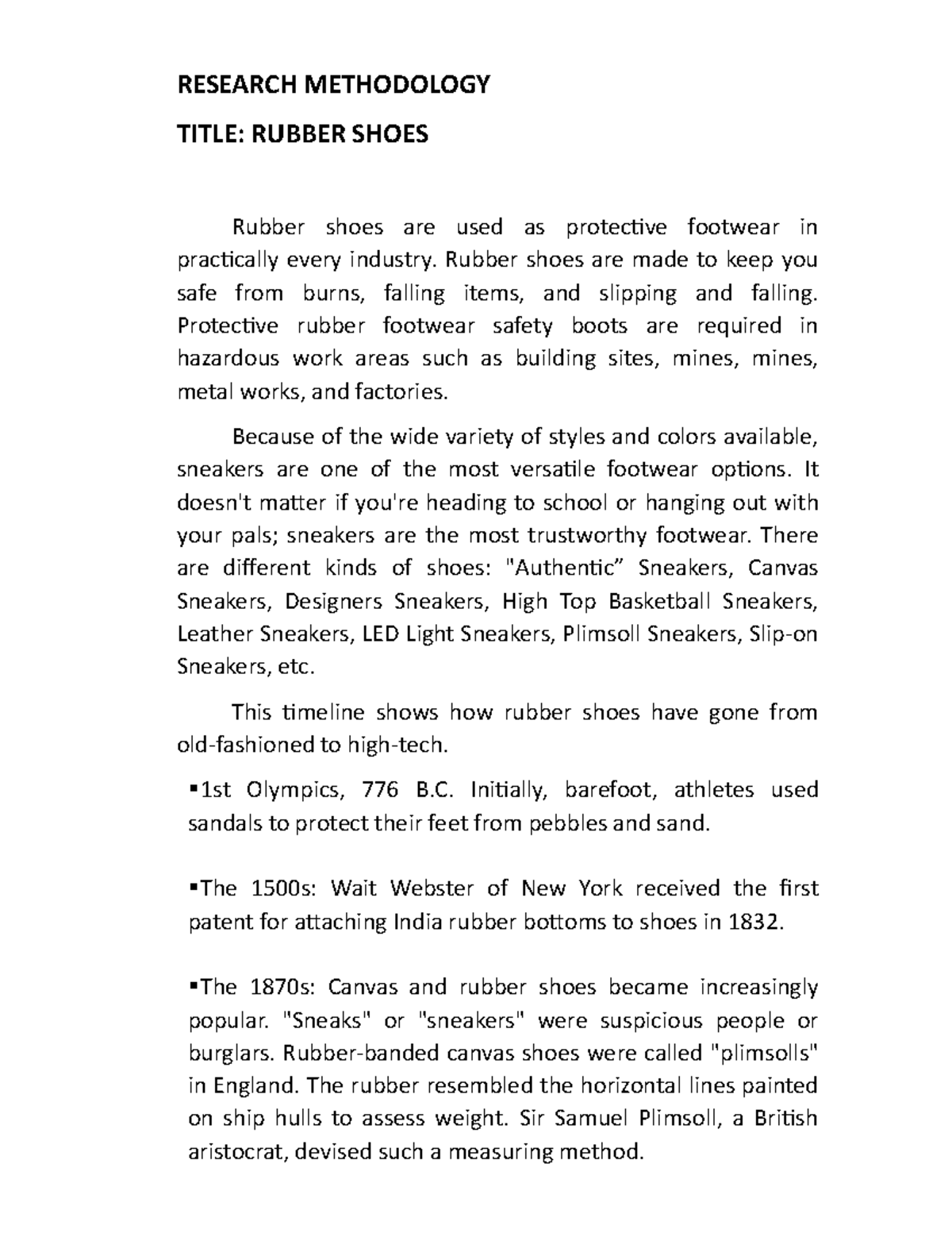 Reading Article 1 - RESEARCH METHODOLOGY TITLE: RUBBER SHOES Rubber ...