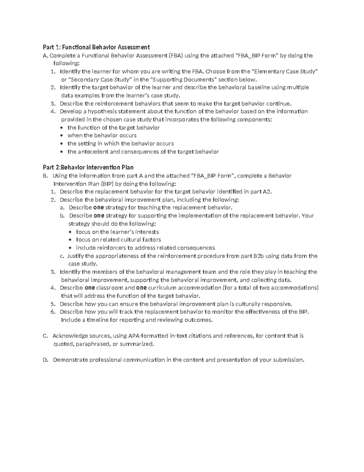 Task1rubric - Part 1: Functional Behavior Assessment A. Complete a ...