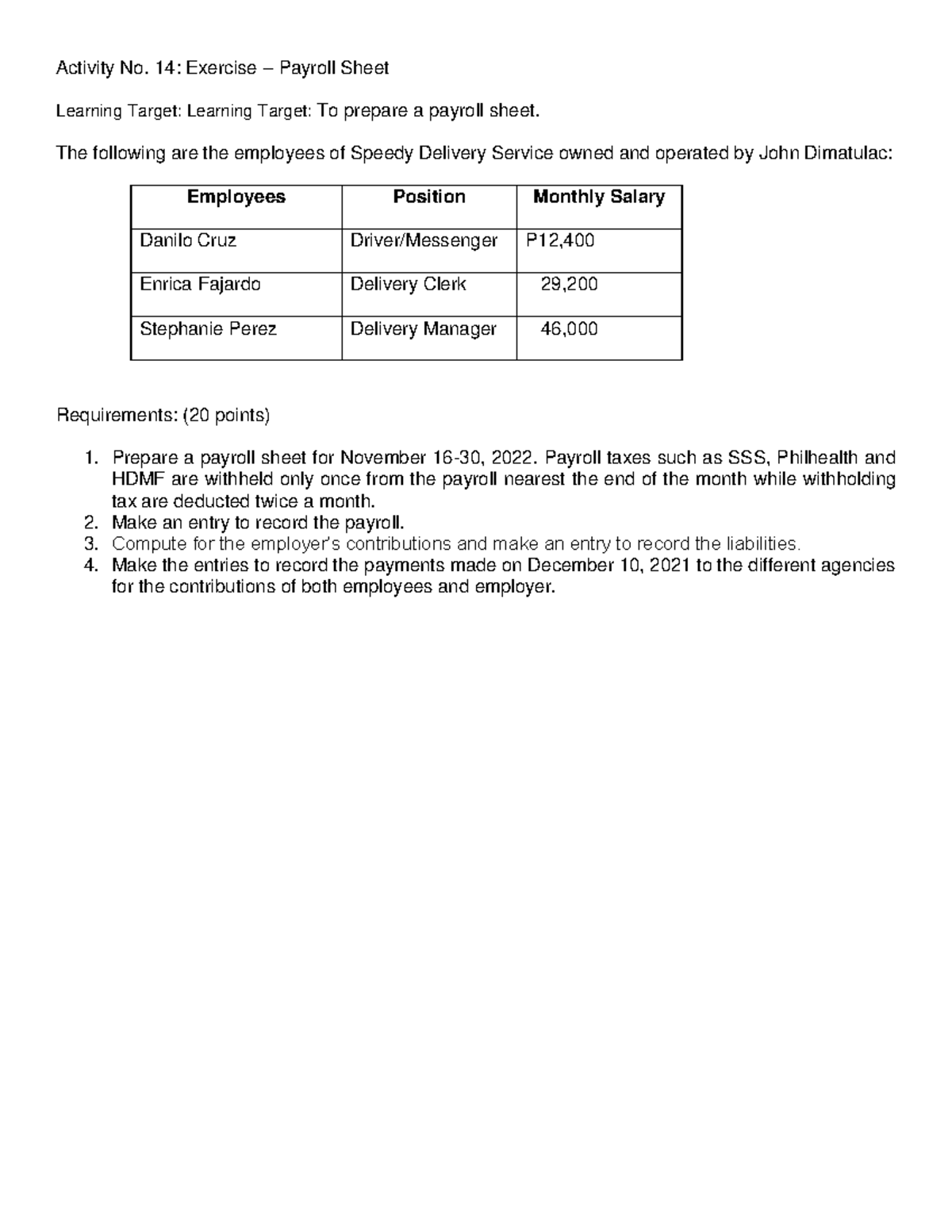 Activities 15 Payroll Sheet - Activity No. 14: Exercise – Payroll Sheet ...