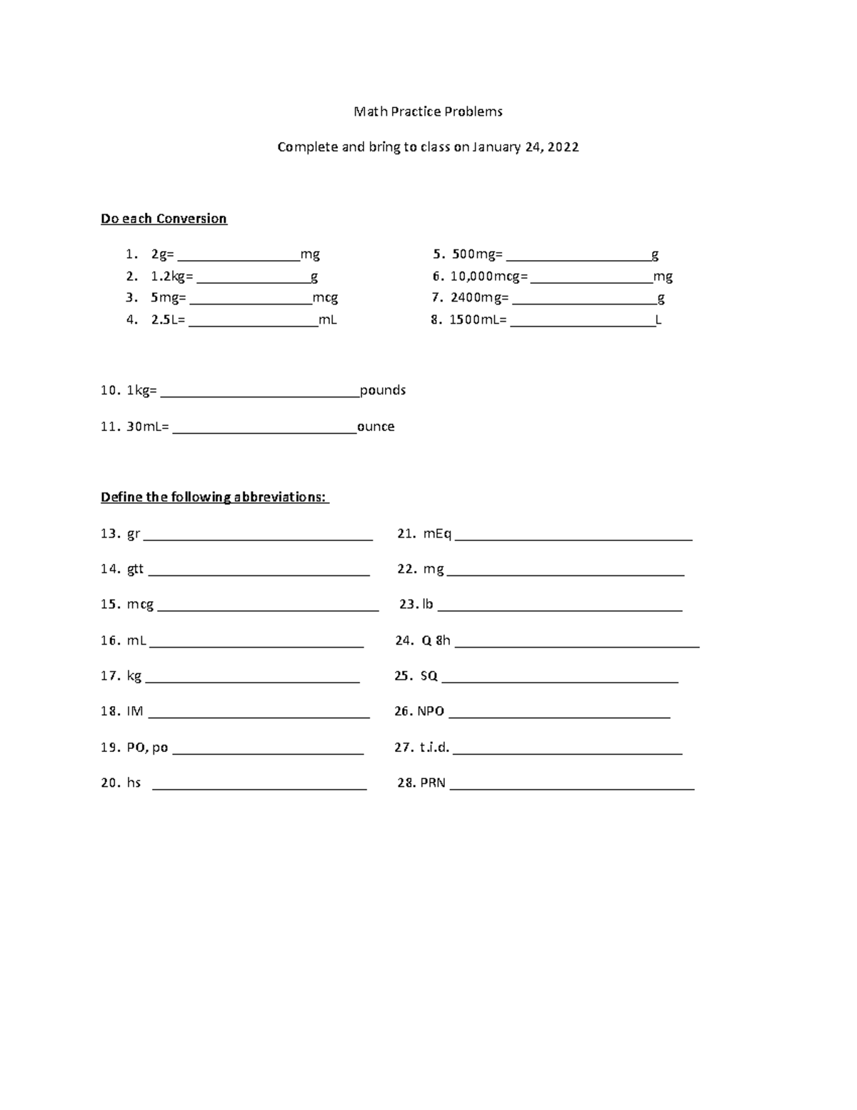 Math worksheet for students DUE 1-24-22 - Math Practice Problems ...