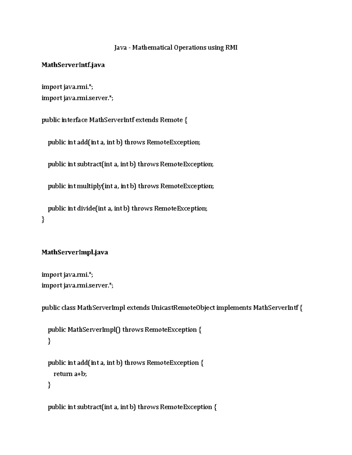 Rmi Rmi Practice Program Java Mathematical Operations Using Rmi