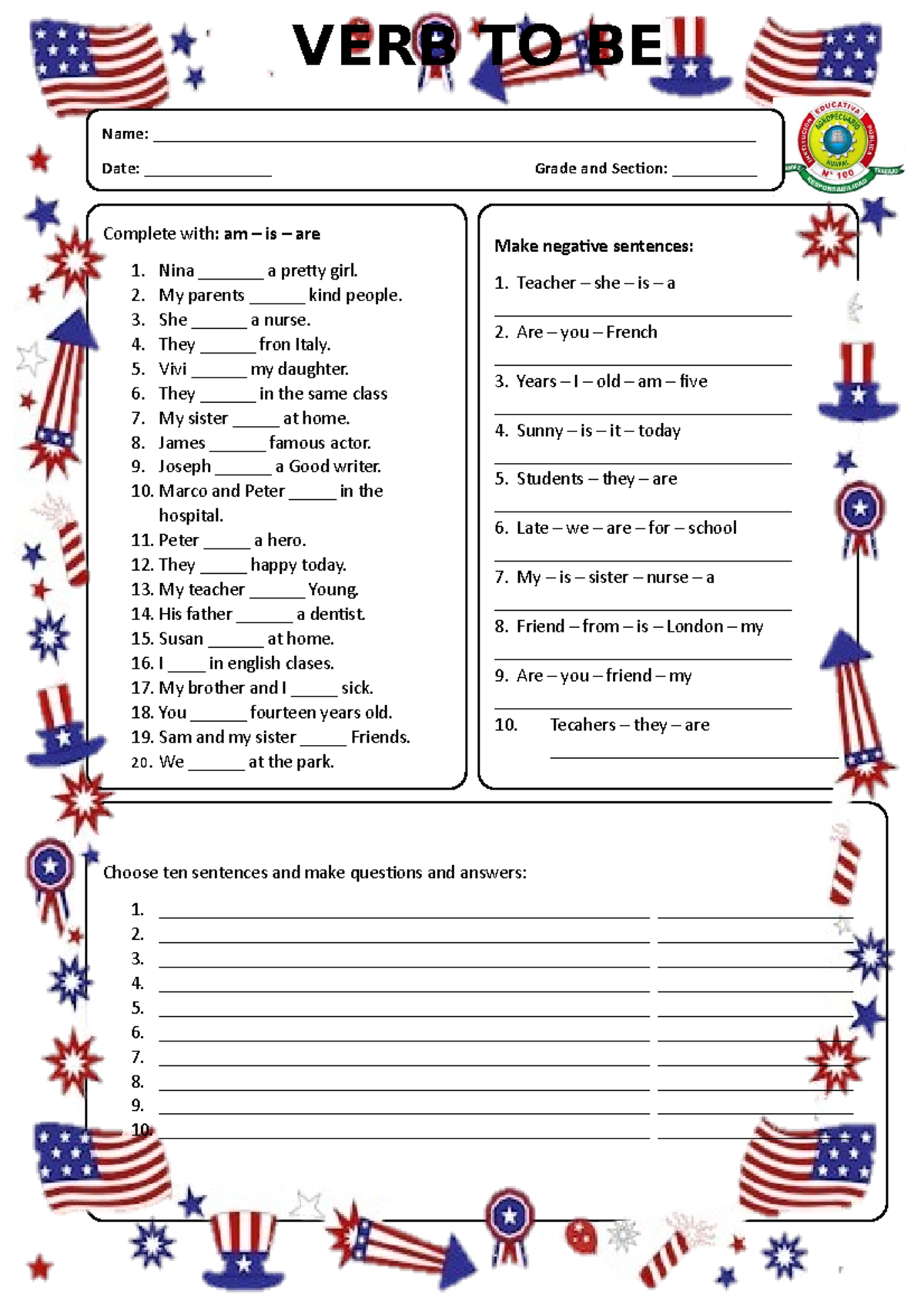 4 - 5 EXAM VERB TO BE - exam - Choose ten sentences and make questions ...