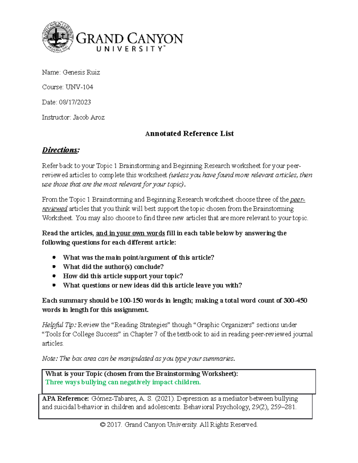 UNV 104 RS T2 Annotated Reference List - Name: Genesis Ruiz Course: UNV ...