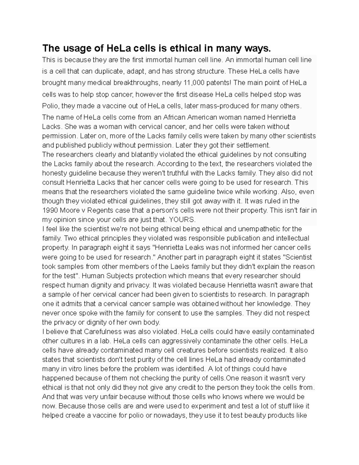 He La Cell Notes - Prompts about HeLa cells. Gives many information ...