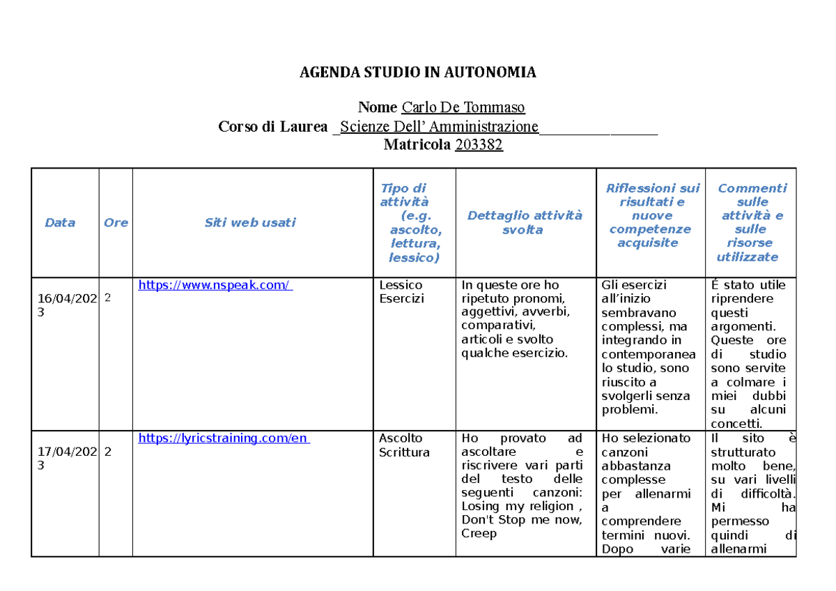Esempio di agenda studio in autonomia - AGENDA STUDIO IN AUTONOMIA Nome Carlo De Tommaso Corso ...