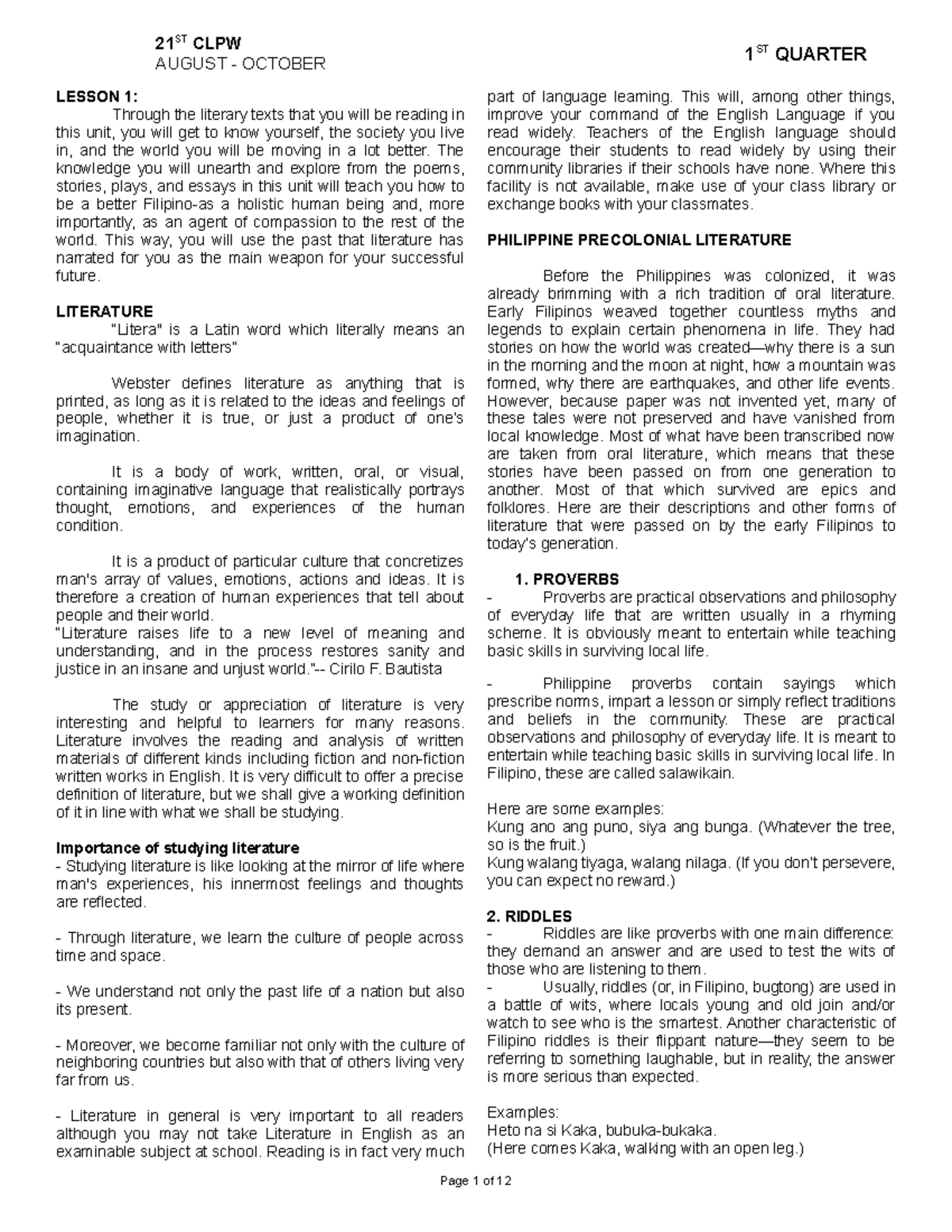 21st CLPW - clpw - 21 ST CLPW 1 ST QUARTER AUGUST - OCTOBER LESSON 1: Through the literary texts ...