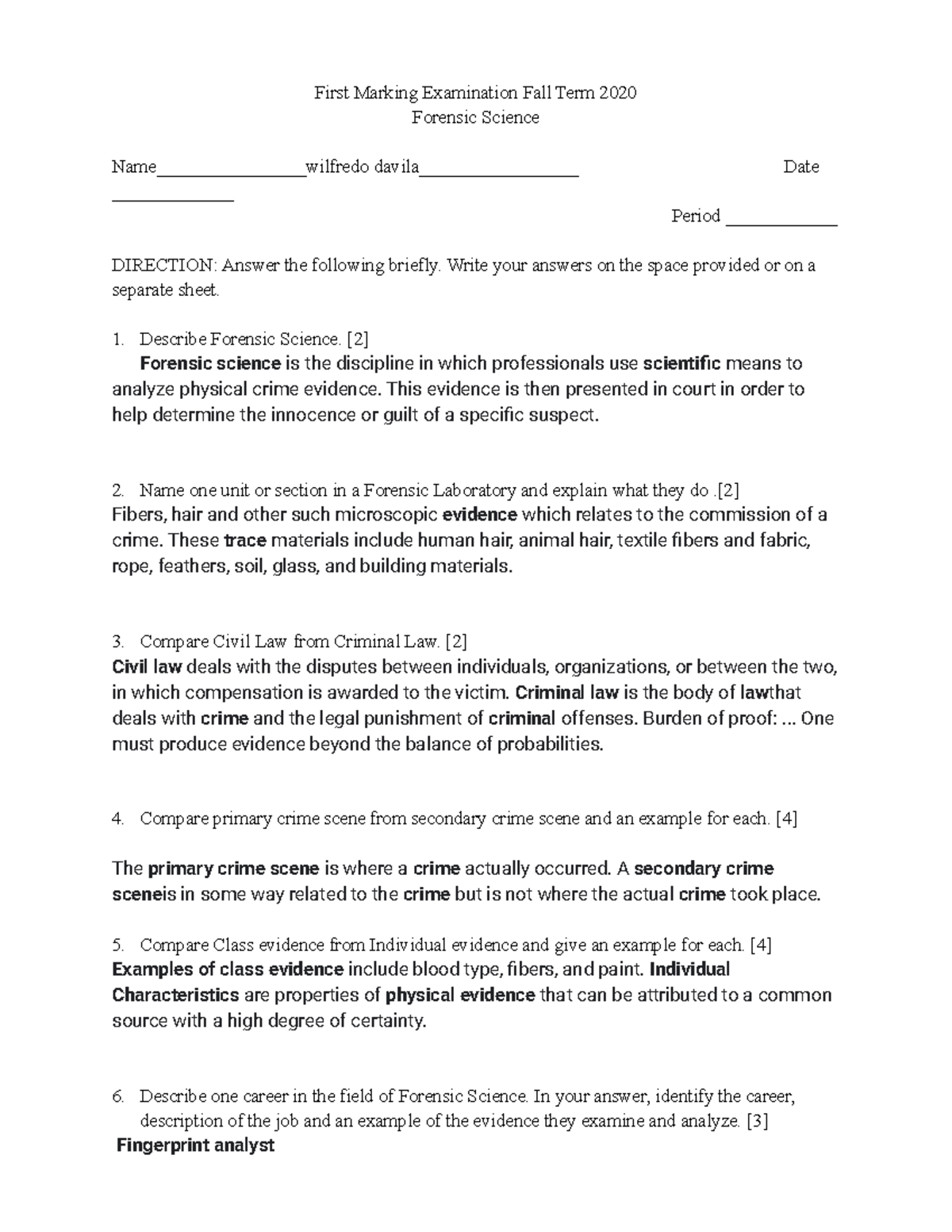- First Marking Exam Forensic Science - First Marking Examination Fall ...