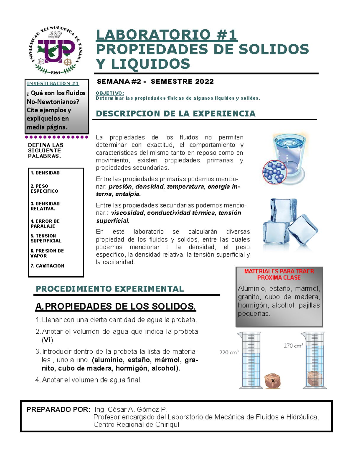 LAB 1 - Propiedades Fisicas DE Solidos Y Liquidos I2022 - OBJETIVO ...