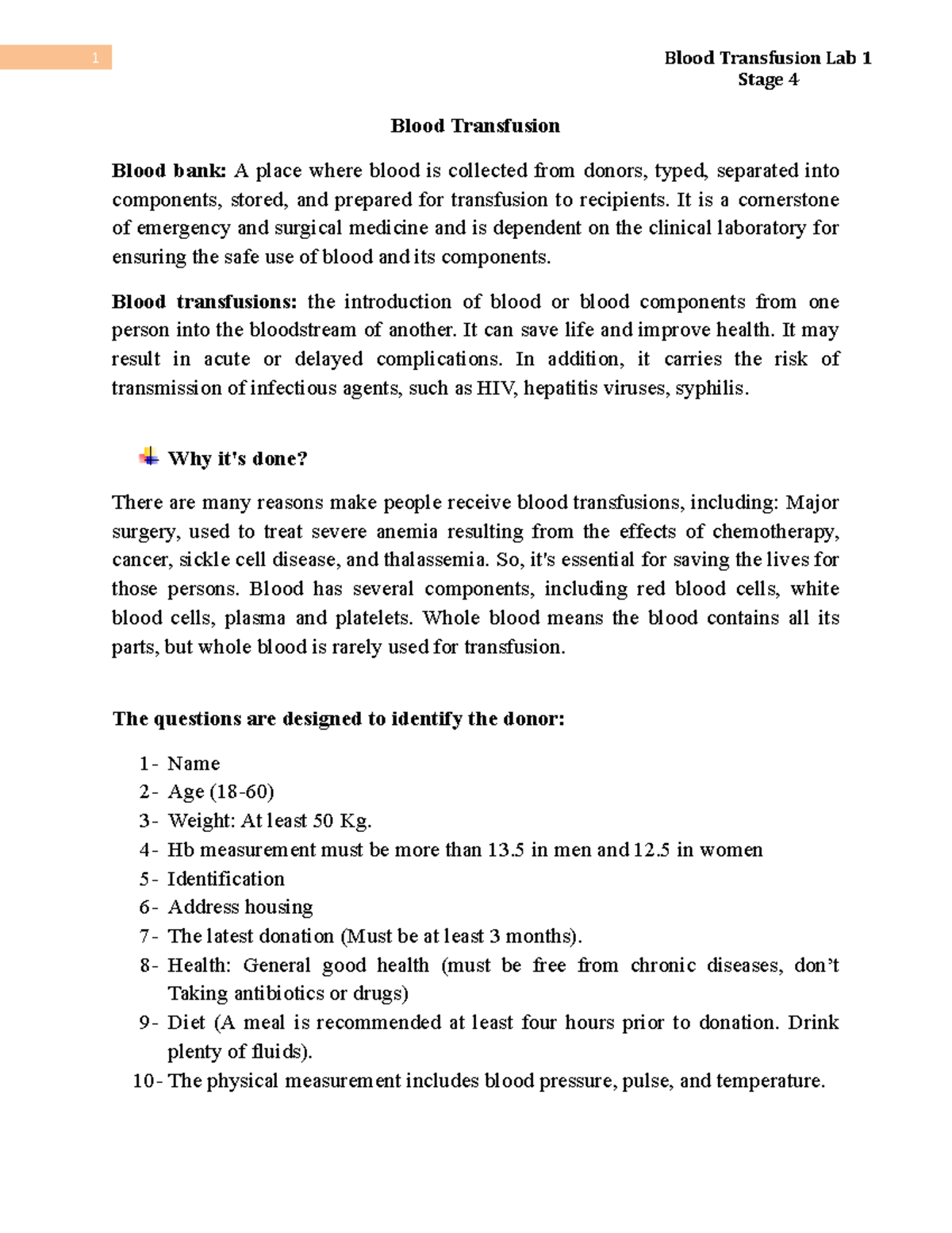 Blood Trans. - Lab 1 - 1 Blood Transfusion Lab 1 Stage 4 Blood ...
