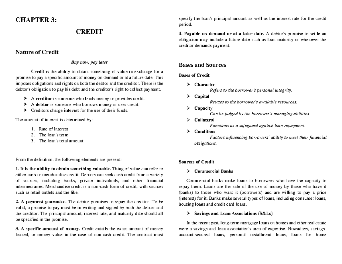 Finance - Credit and Time Value of Money - CHAPTER 3: CREDIT Nature of ...