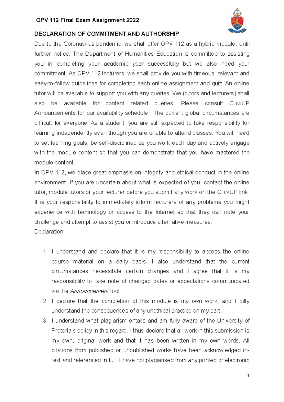 OPV 112 Final Exam Assignment Outline 2022 - OPV 112 Final Exam ...