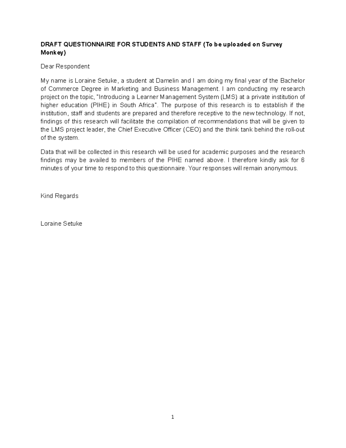 Sample Quaestionnaire - DRAFT QUESTIONNAIRE FOR STUDENTS AND STAFF (To ...