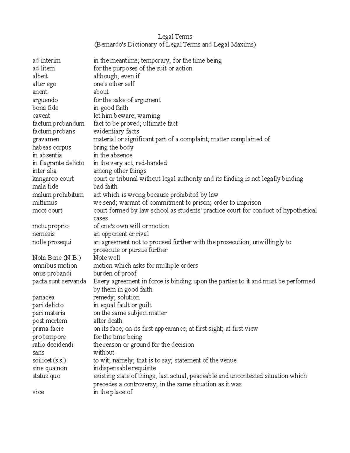 Latin words and maxims legalese 1 - Legal Terms (Bernardo's Dictionary ...